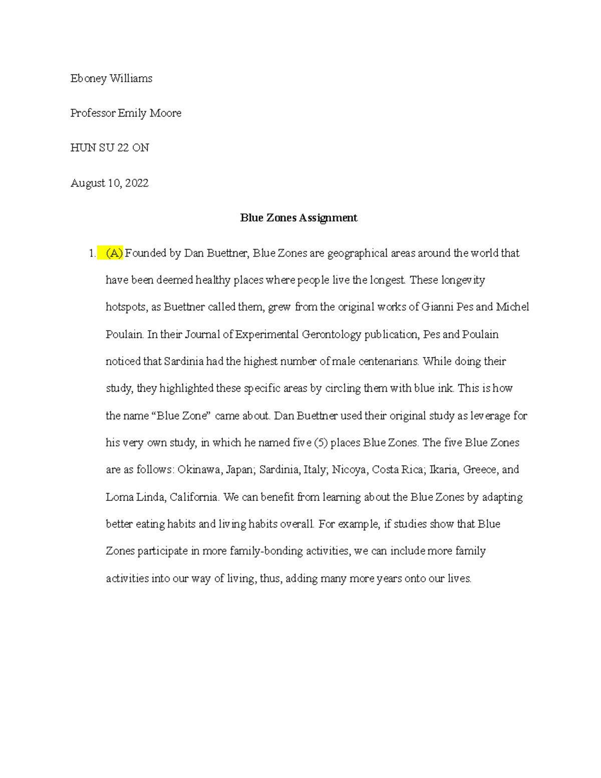 Eboney Williams Blue Zone Assignment - Eboney Williams Professor Emily ...