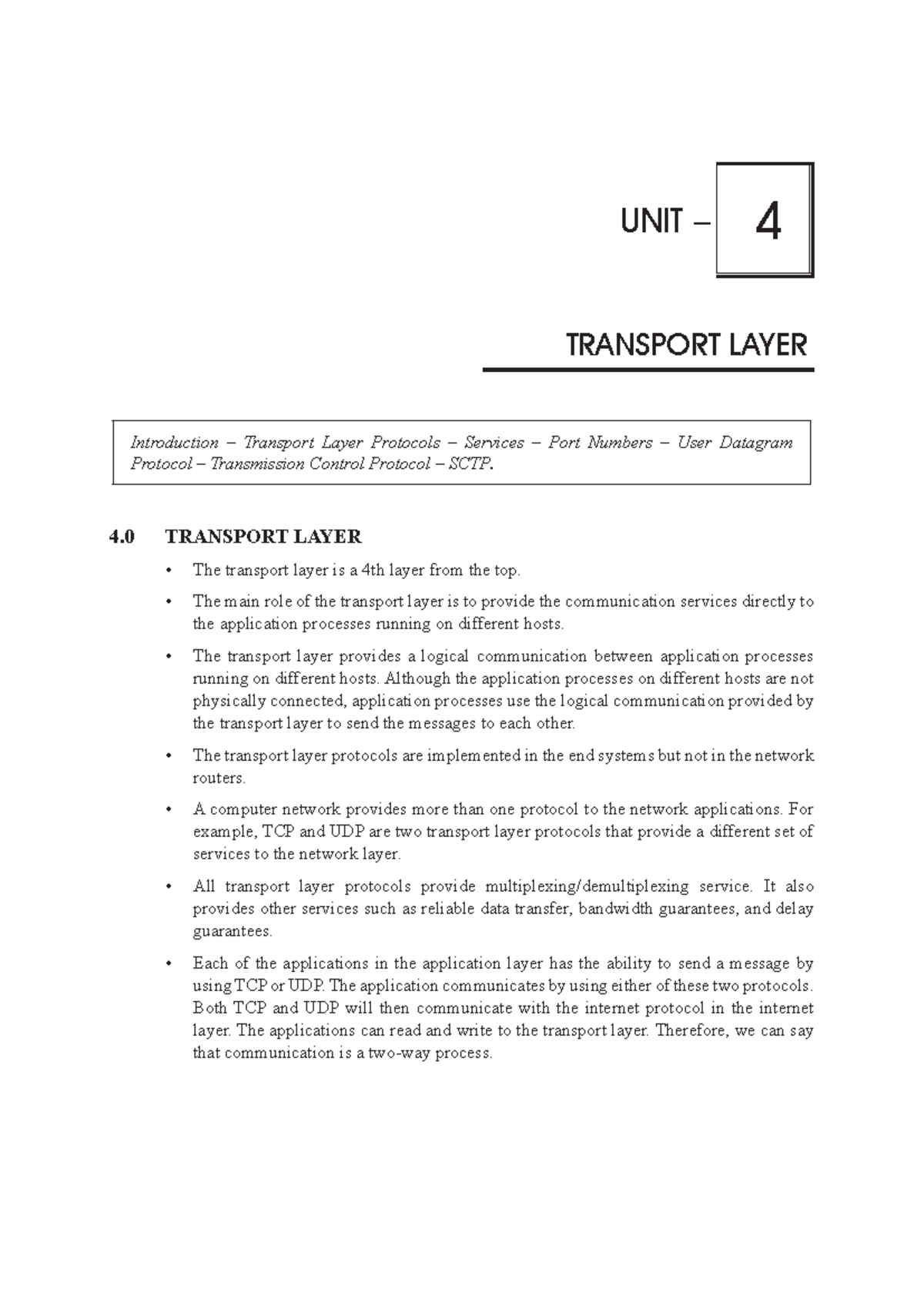 UNIT 4 - Computer network - UNIT – 4 TRANSPORT LAYER Introduction ...
