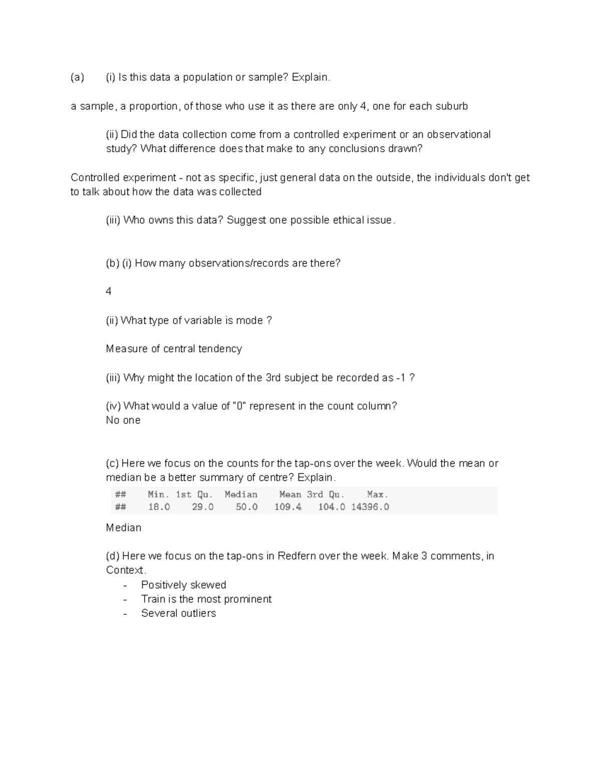 2018 Final exam practice questions and answers - (a) (i) Is this data a population or sample ...