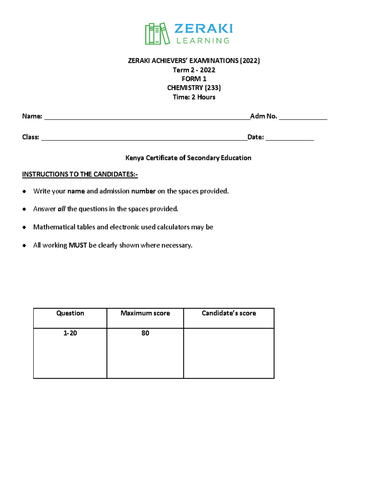 Chemistry - Chemistry Form 1 - Question Paper - copy - ZERAKI ACHIEVERS ...