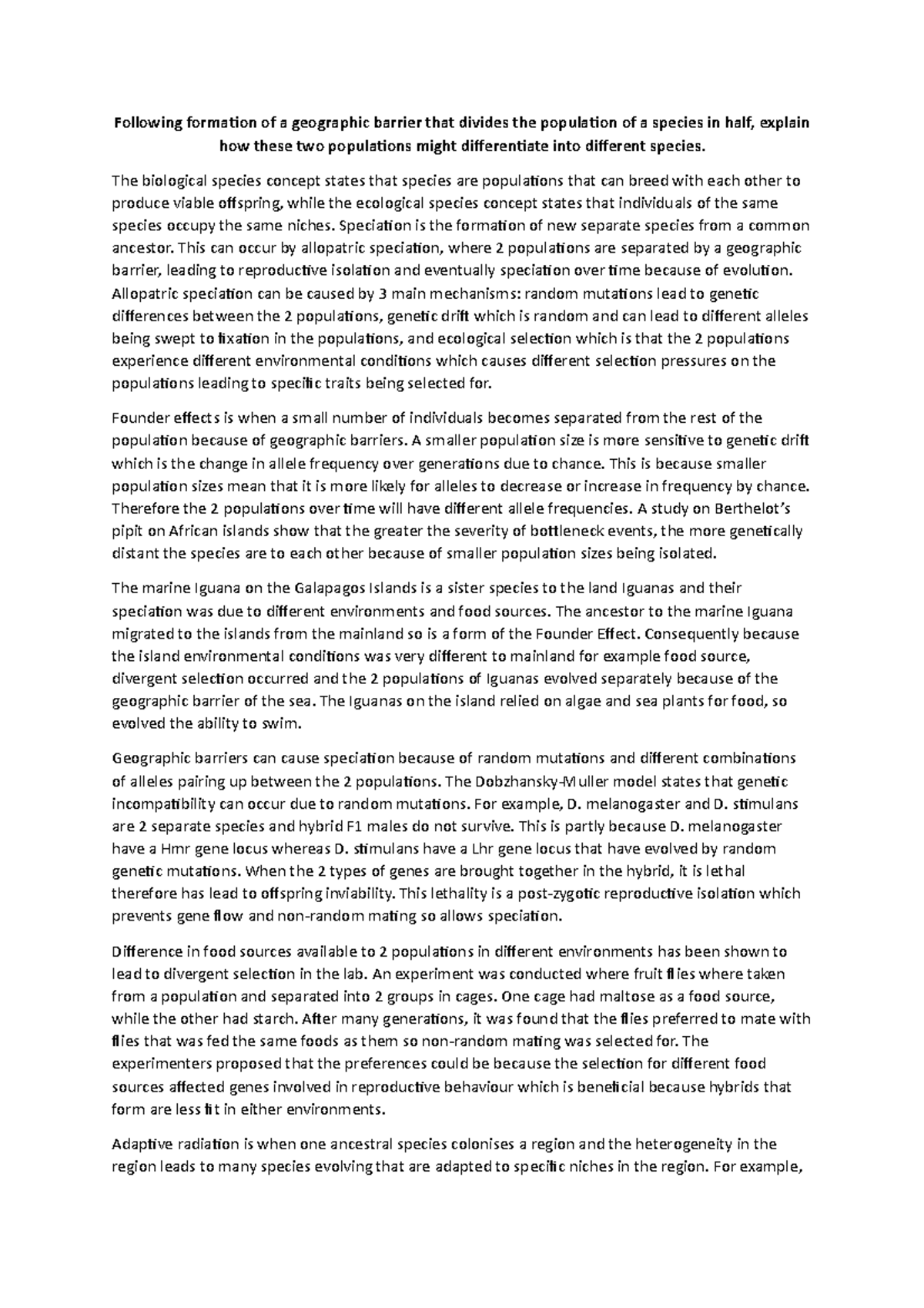 Geographic barriers and speciation - Following formation of a ...