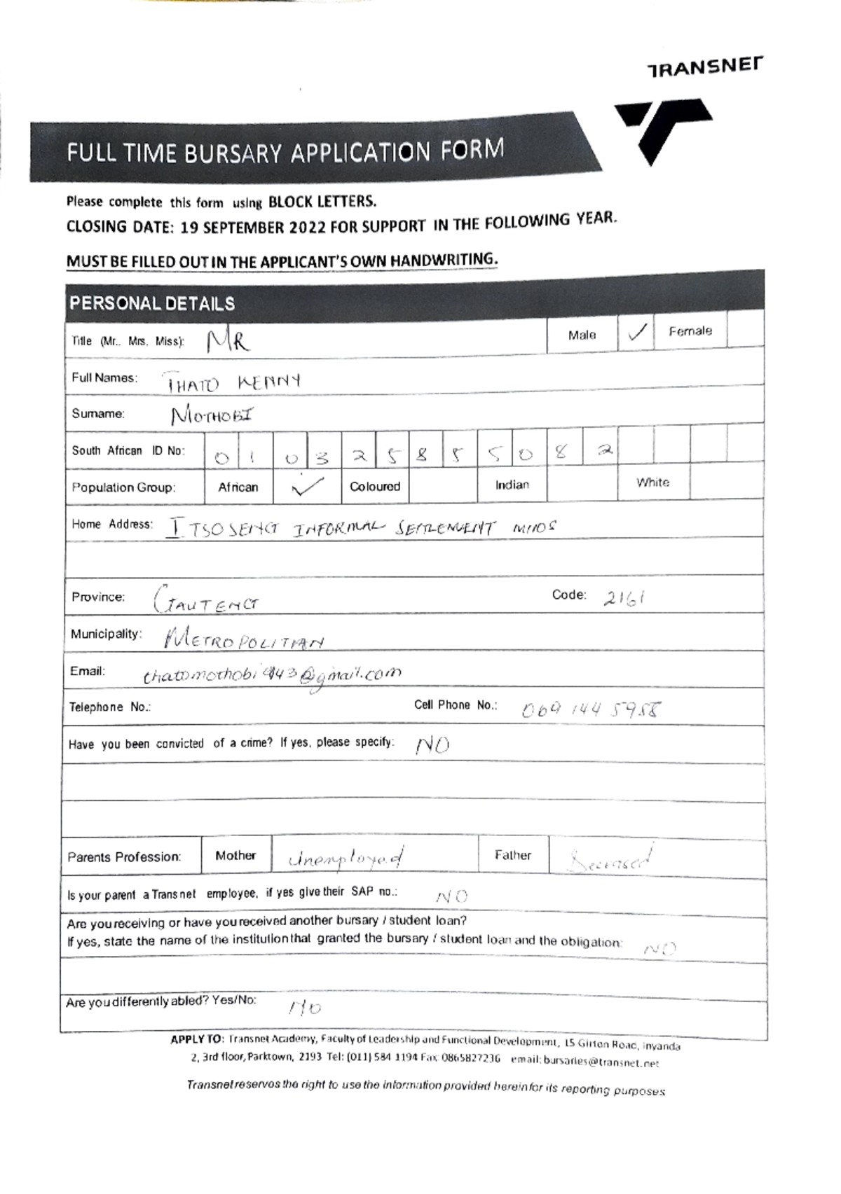 Documents for bursary 13 Sep 2022 240113 182715 - 7RANSNE FULL TIME BURSARY APPLICATION FORM ...