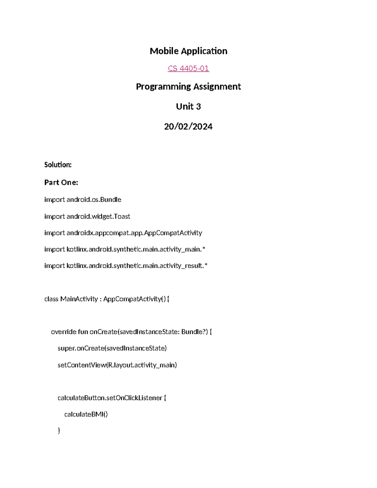 Mobile Application Programming Assignment Unit 3 - Mobile Application CS 4405- Programming - Studocu