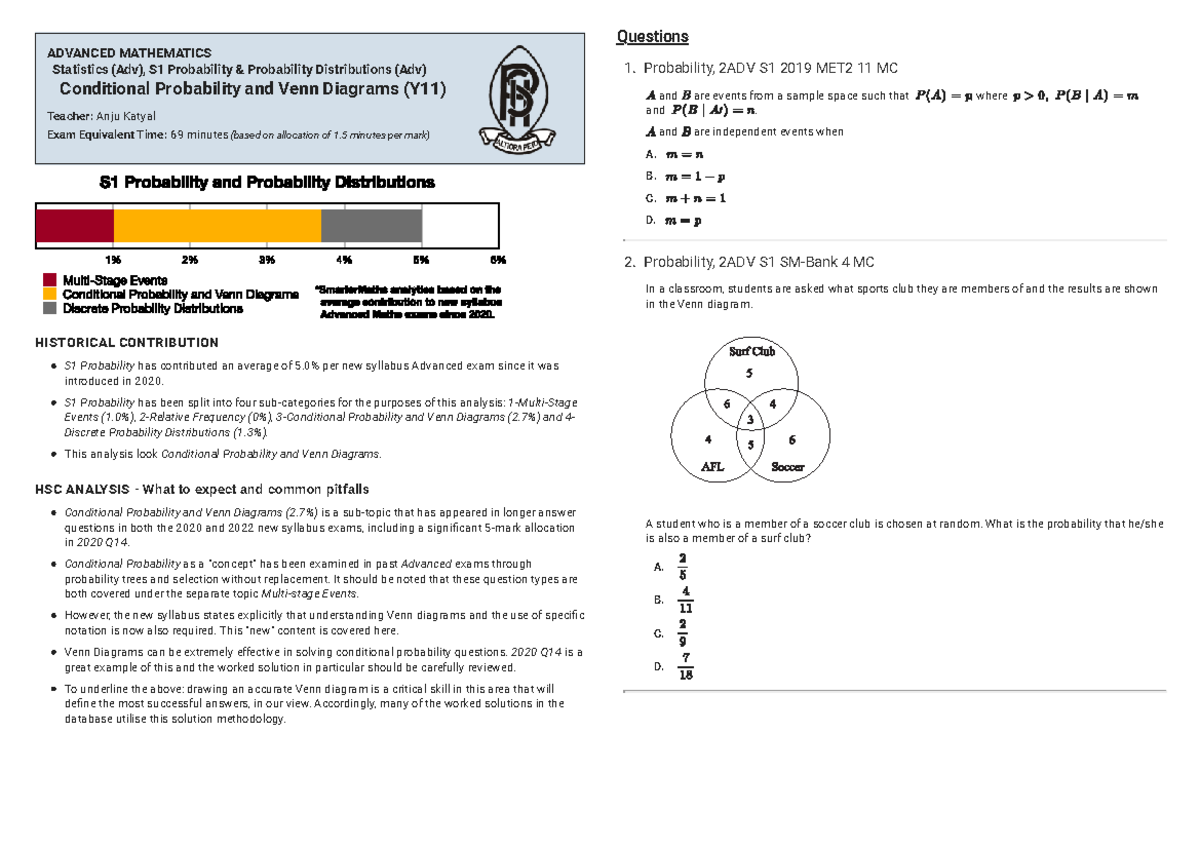 Revision on Conditional Probability and Venn diagram - ADVANCED ...