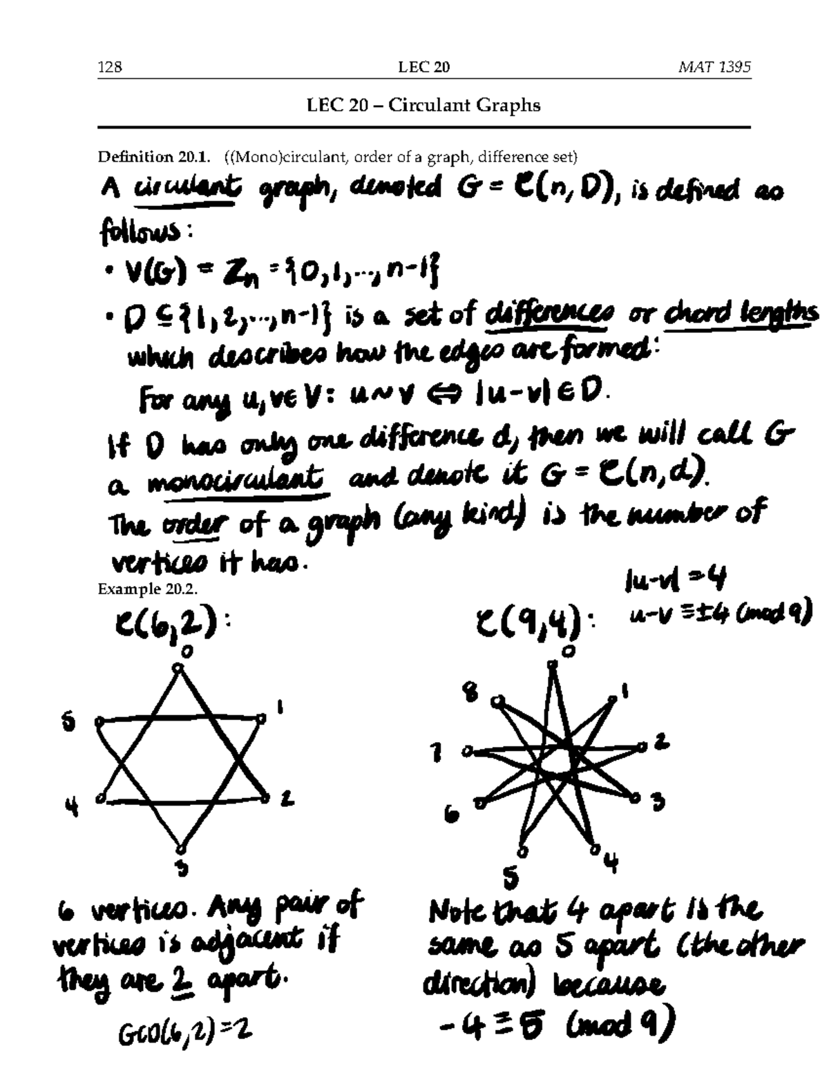 MAT 1395 Lecture 20 Filled - 128 LEC 20 MAT 1395 LEC 20 – Circulant Graphs Definition 20. - Studocu