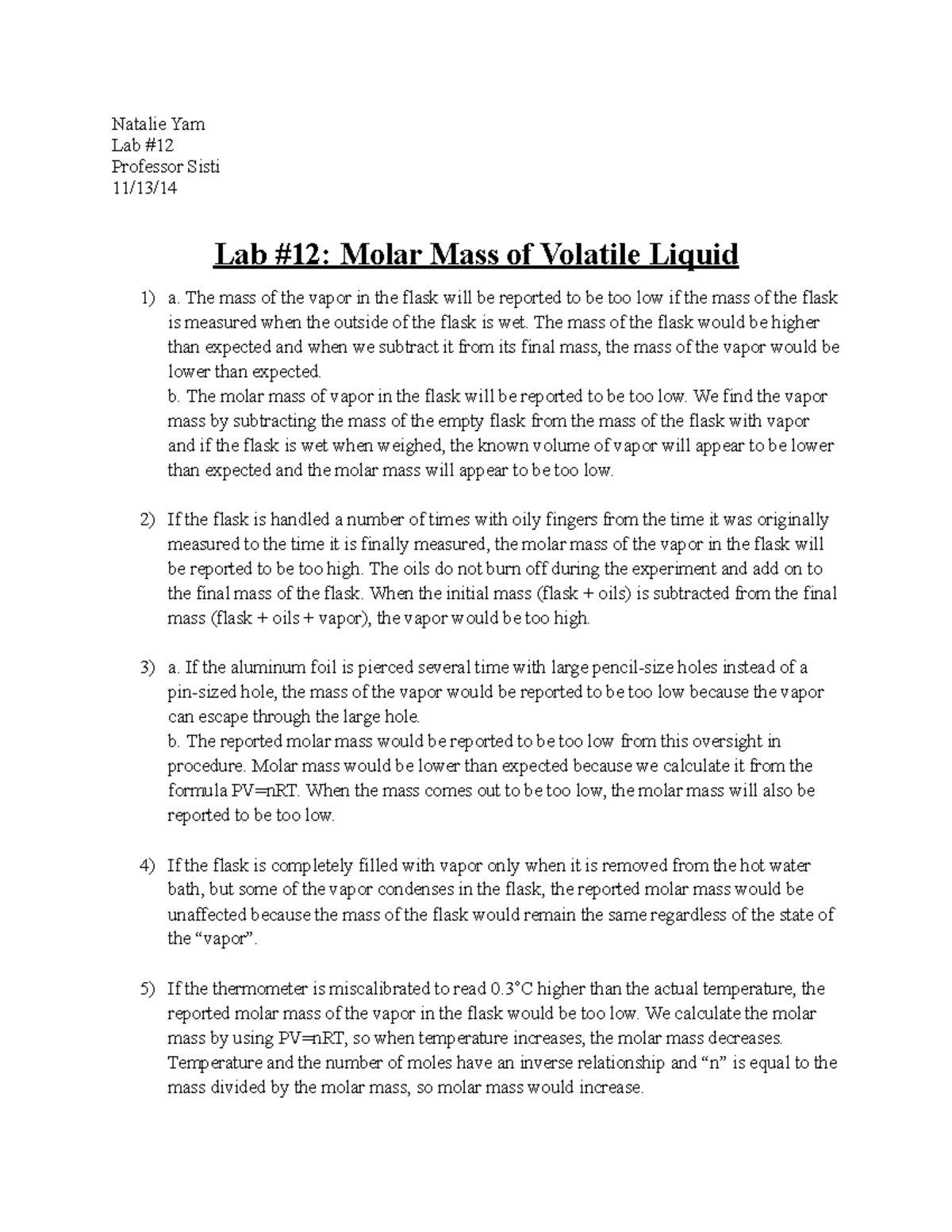 Chem Lab #12 - Post-Lab #12 - Natalie Yam Lab # Professor Sisti 11/13 ...