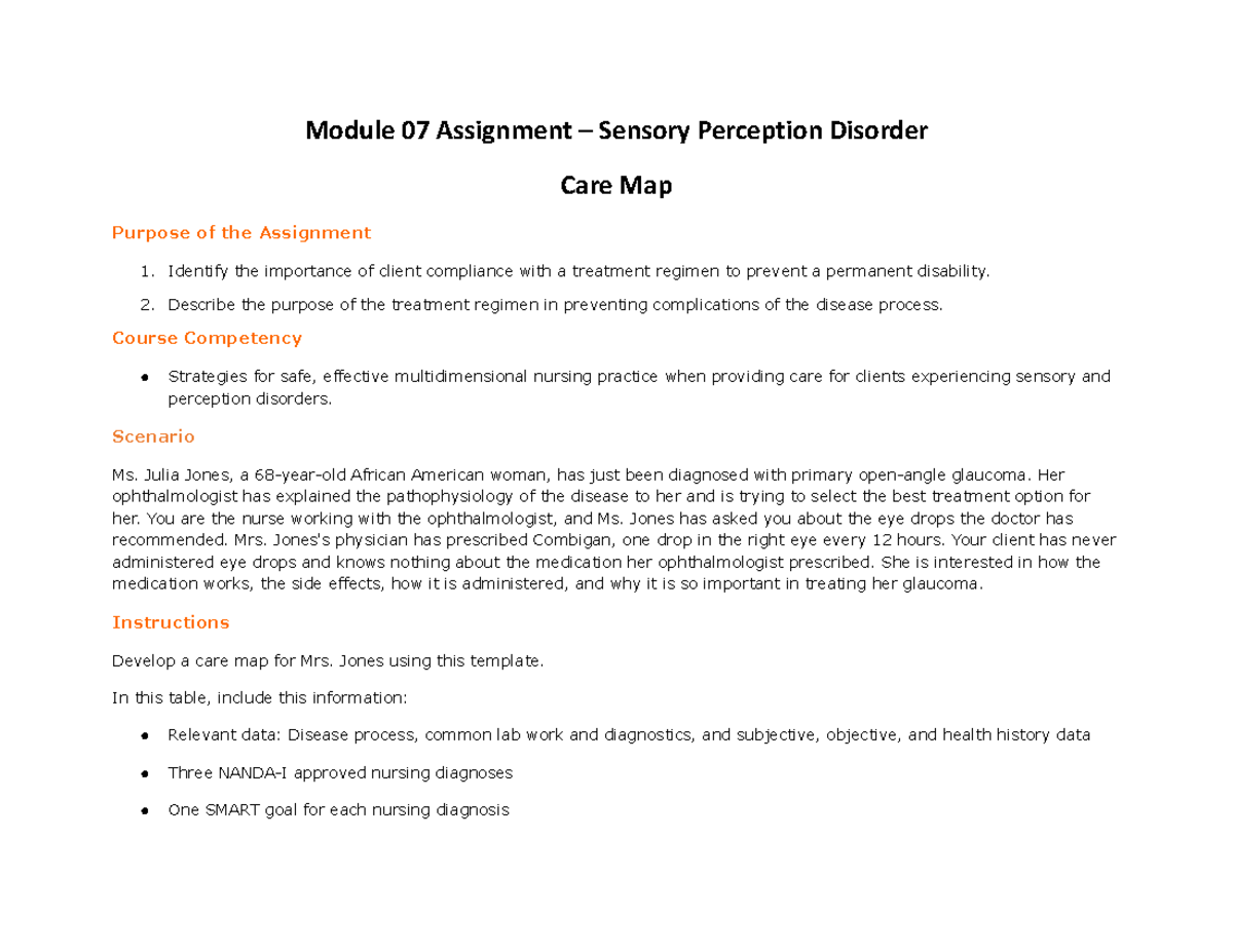 Sensory Care Map - Module 07 Assignment – Sensory Perception Disorder Care Map Purpose of the ...