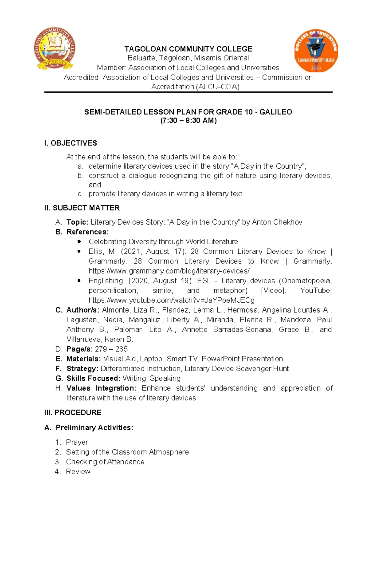 Literary- Devices - TAGOLOAN COMMUNITY COLLEGE Baluarte, Tagoloan ...