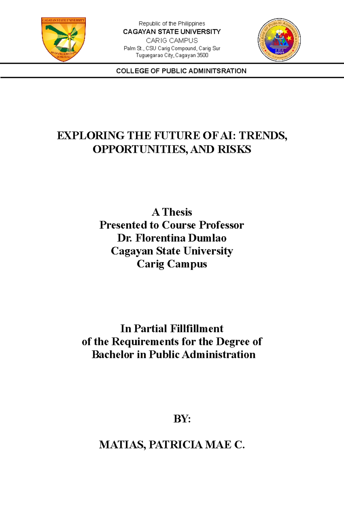 Matias - Chapter 1 - CAGAYAN STATE UNIVERSITY CARIG CAMPUS Palm St ...