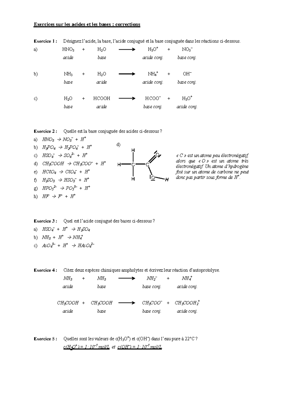 Reaction acido basique exercices corriges 02 - Exercices sur les acides ...