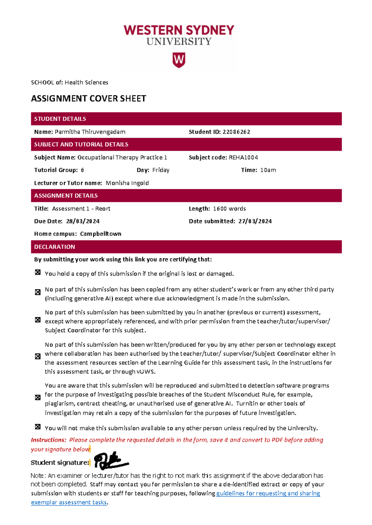 Assessment 1 - OTP1 - SCHOOL of: Health Sciences ASSIGNMENT COVER SHEET ...