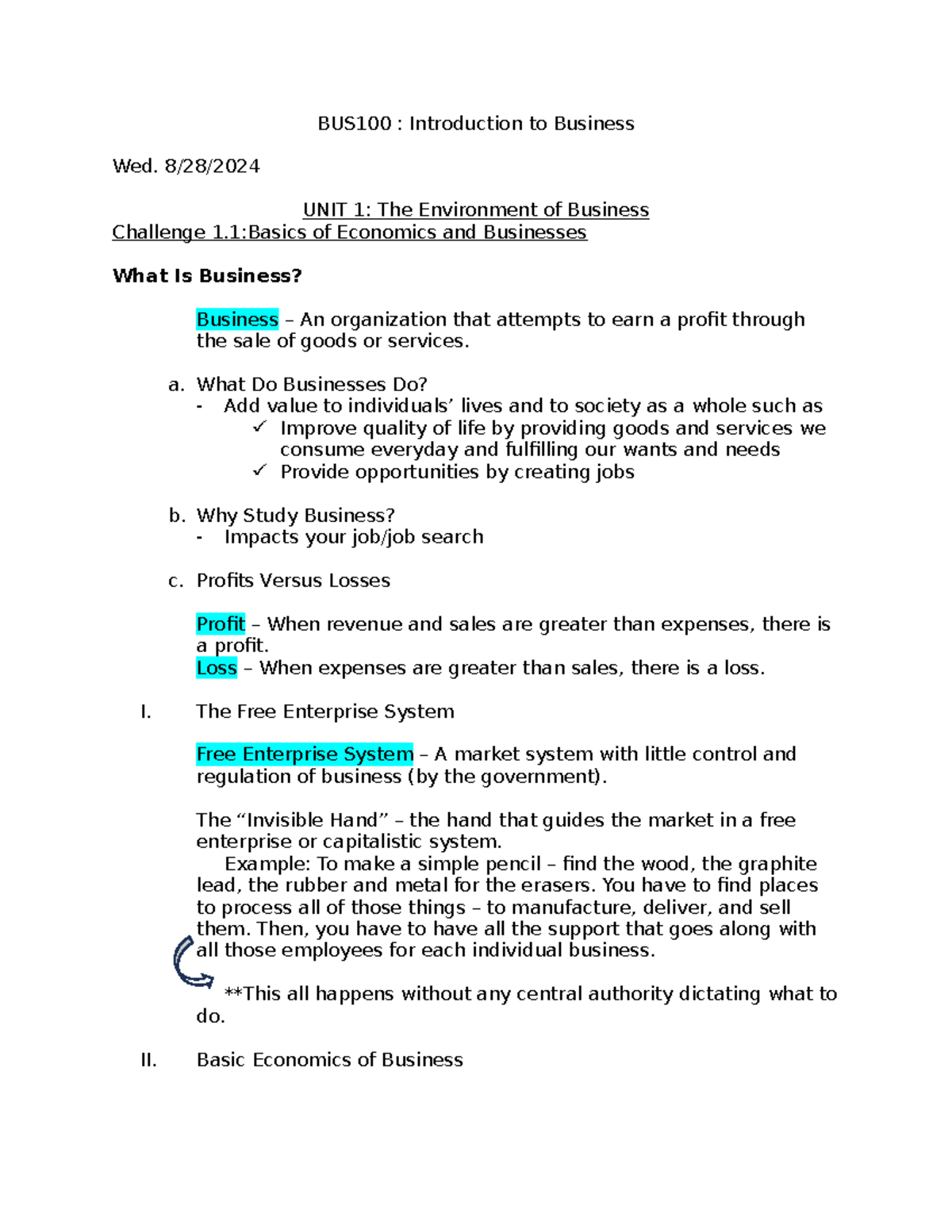 BUS100 Class Notes - BUS100 : Introduction to Business Wed. 8/28/ UNIT ...