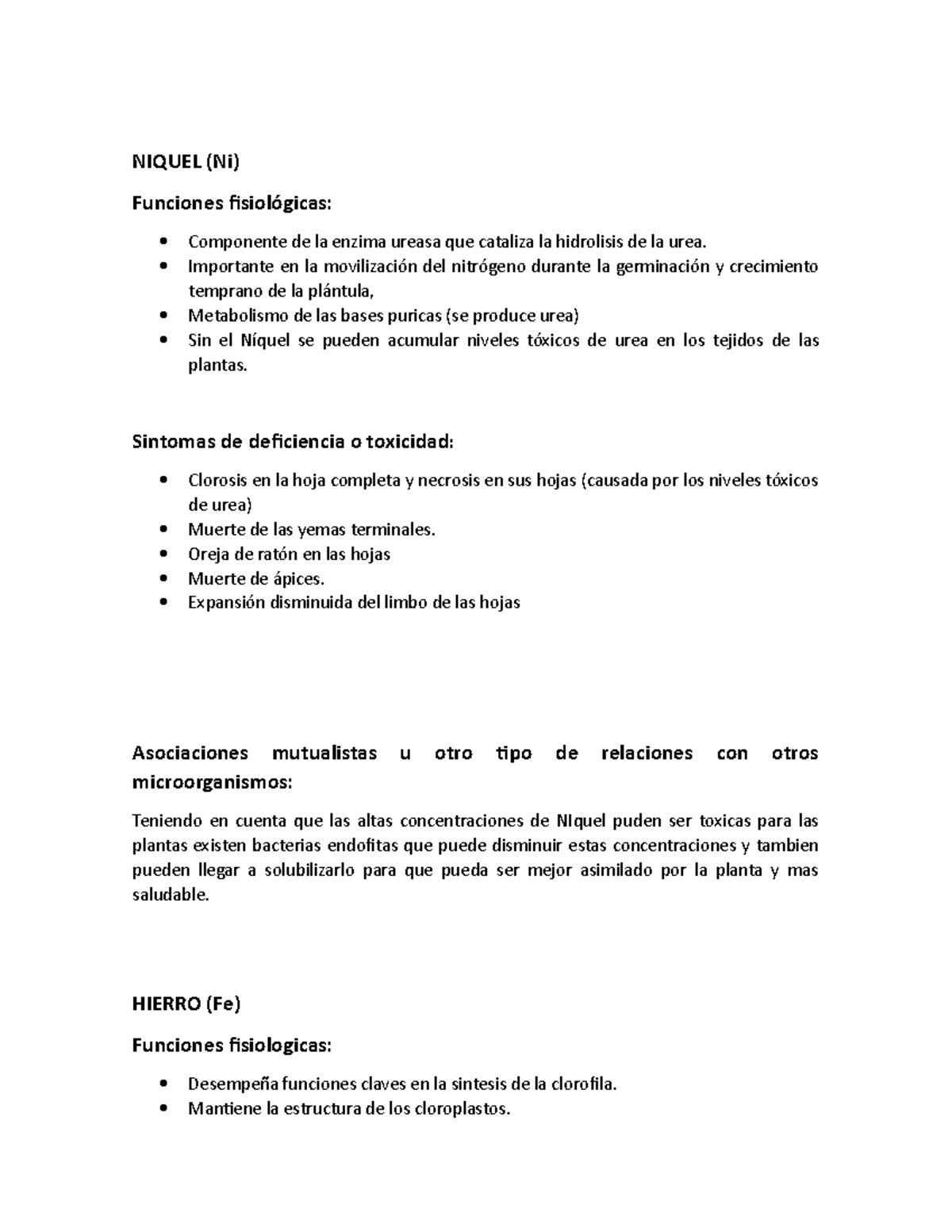 Ni y Fe - ninguna - NIQUEL (Ni) Funciones fisiológicas: Componente de ...