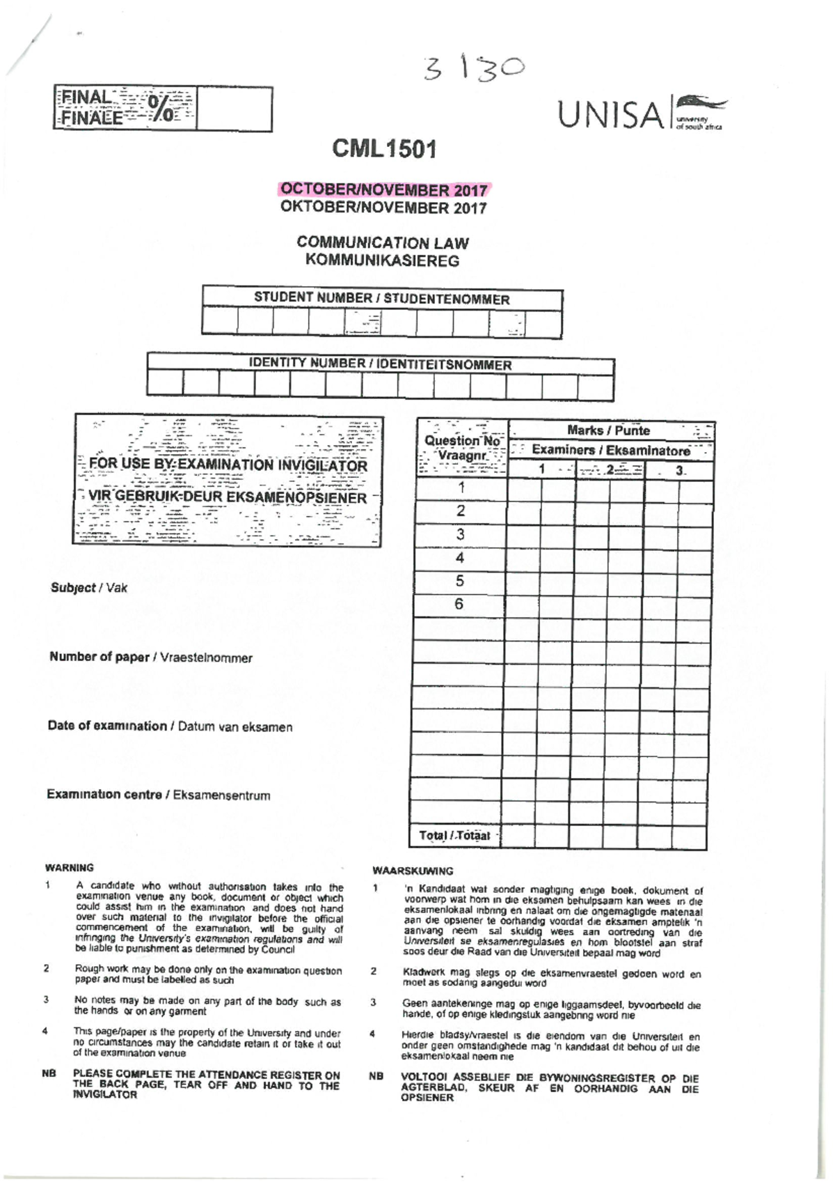 Past paper and memo - cml1501 - Studocu