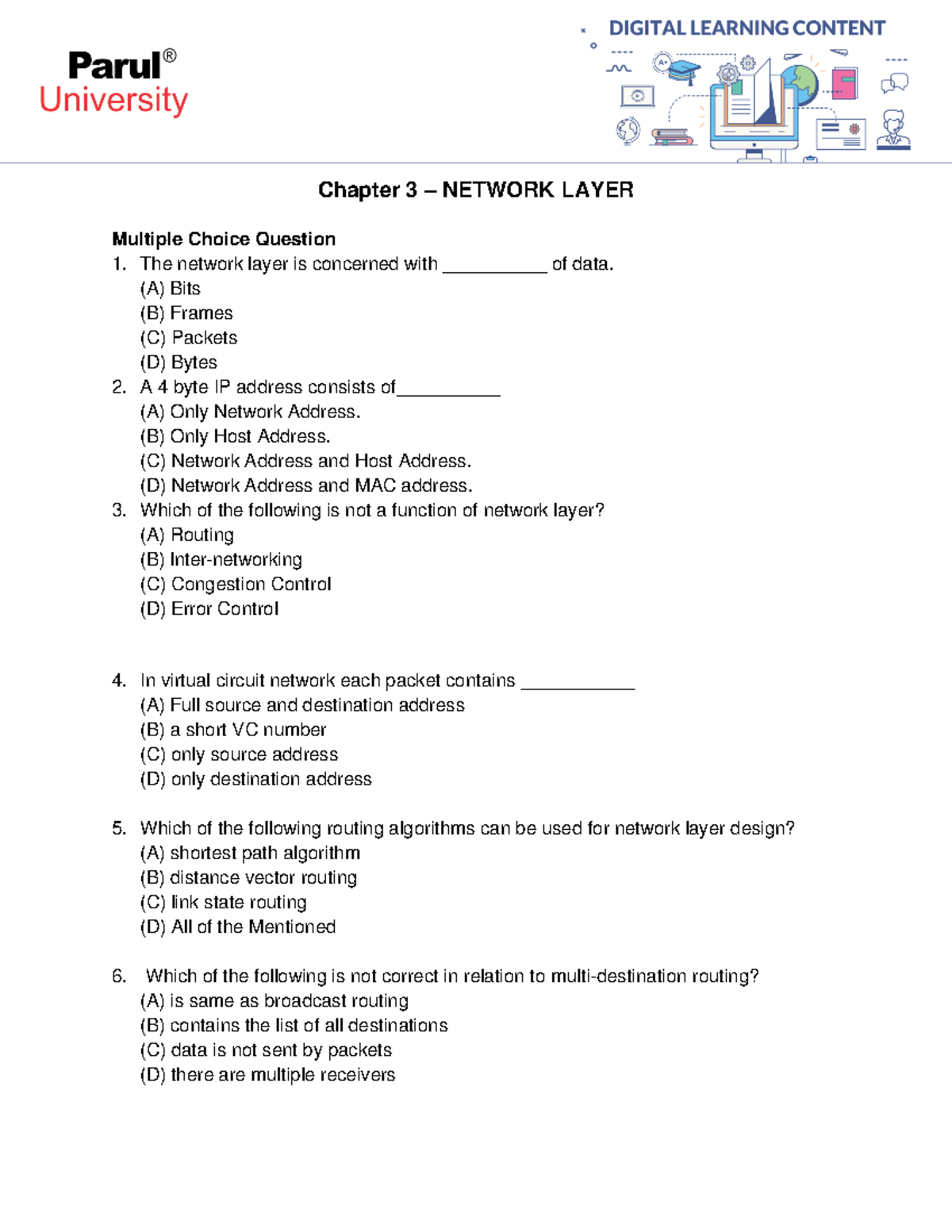 Cn Assignment 3 Questions Chapter 3 Network Layer Multiple Choice Question 1 The Network