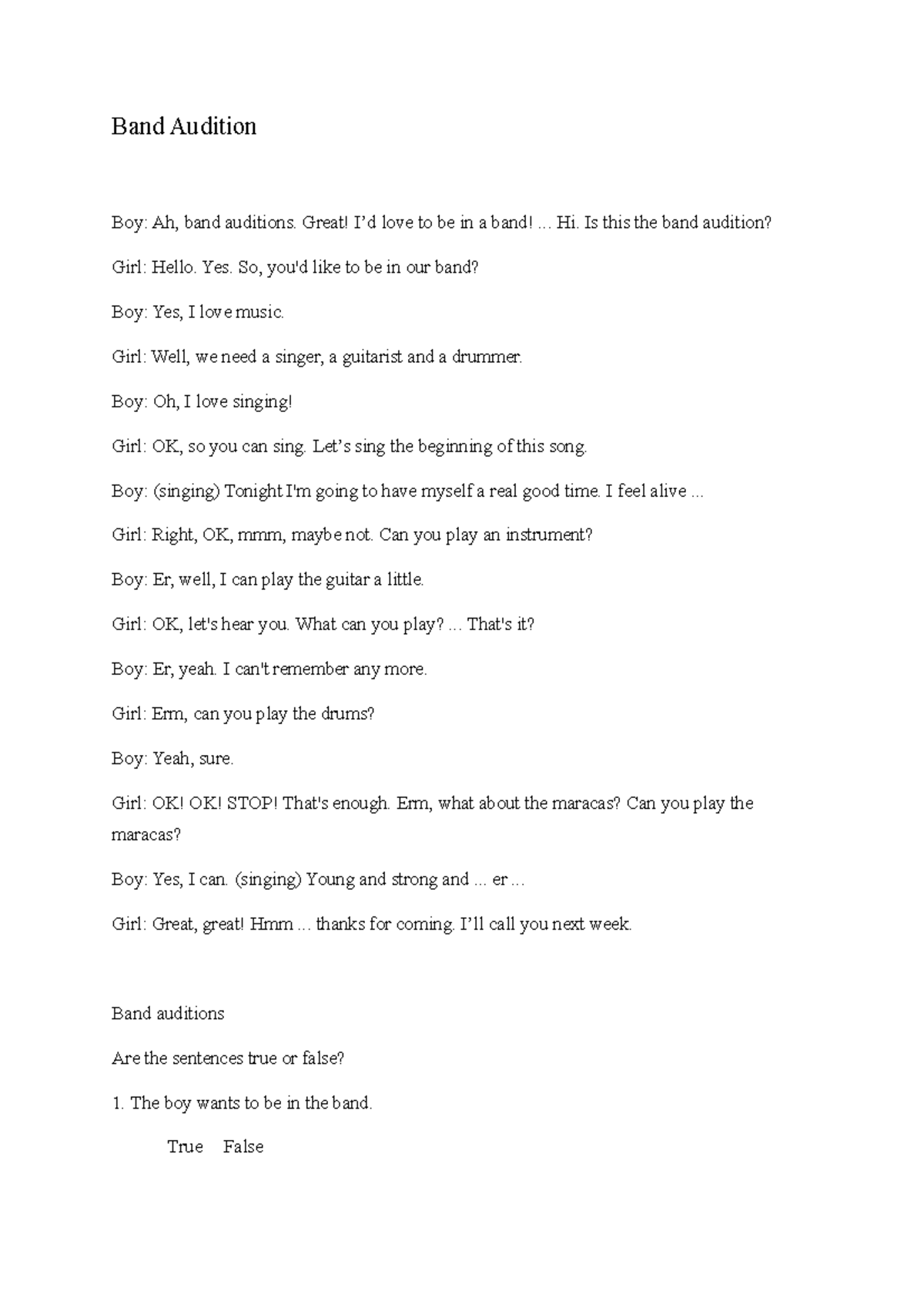 Band Audition - Listen to the conversation and do the exercises to ...