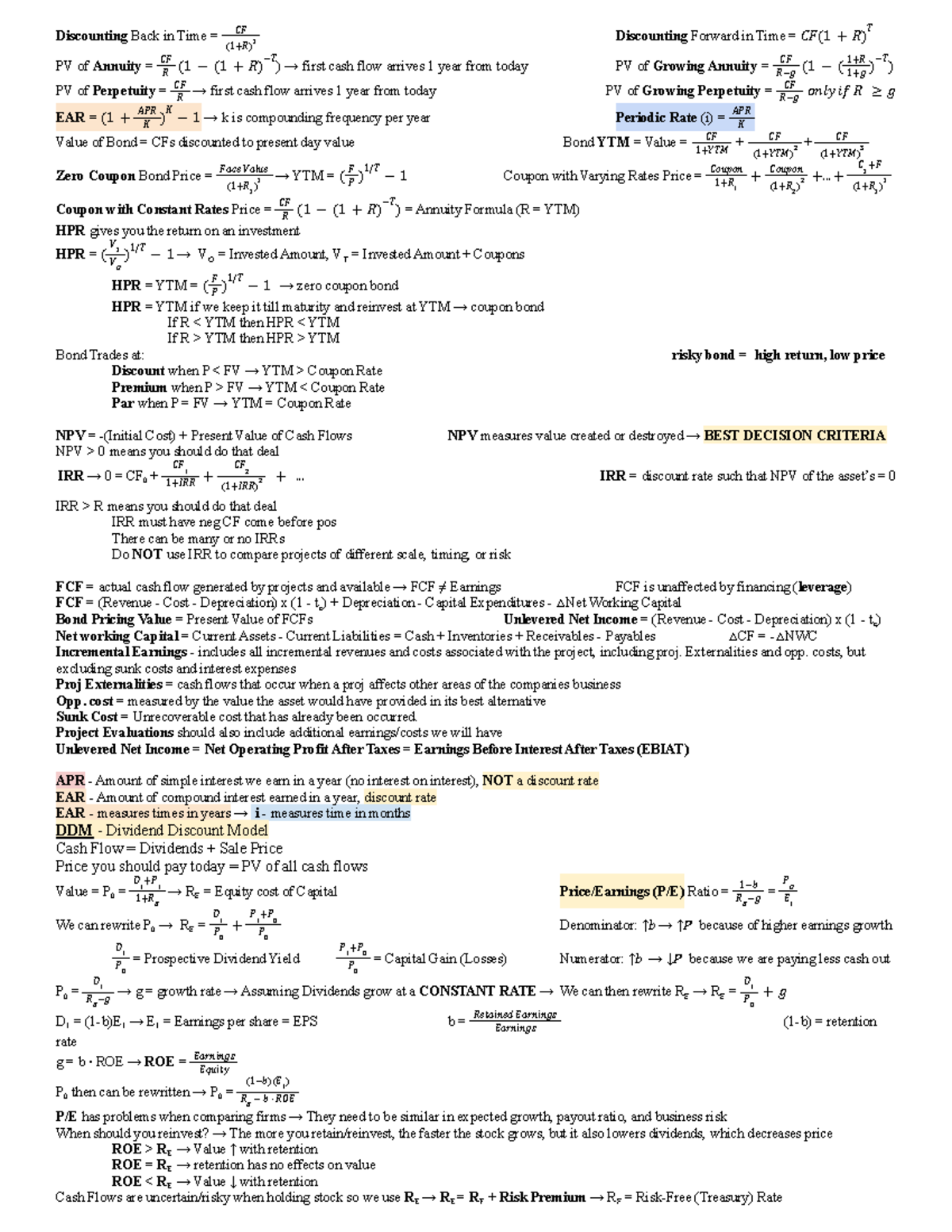 Finance Cheat Sheet - Discounting Back in Time = Discounting Forward in ...