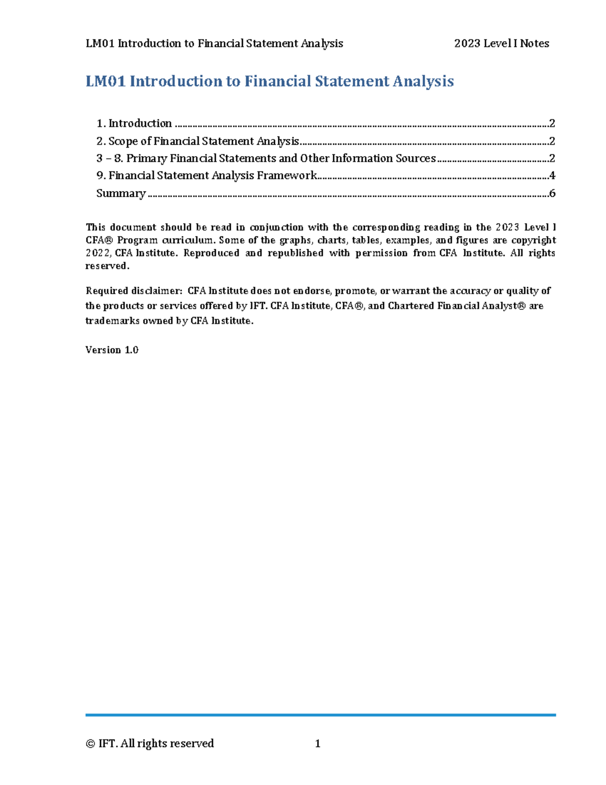 L1 01 Introduction to Financial Statement Analysis -Study Notes (2023 ...