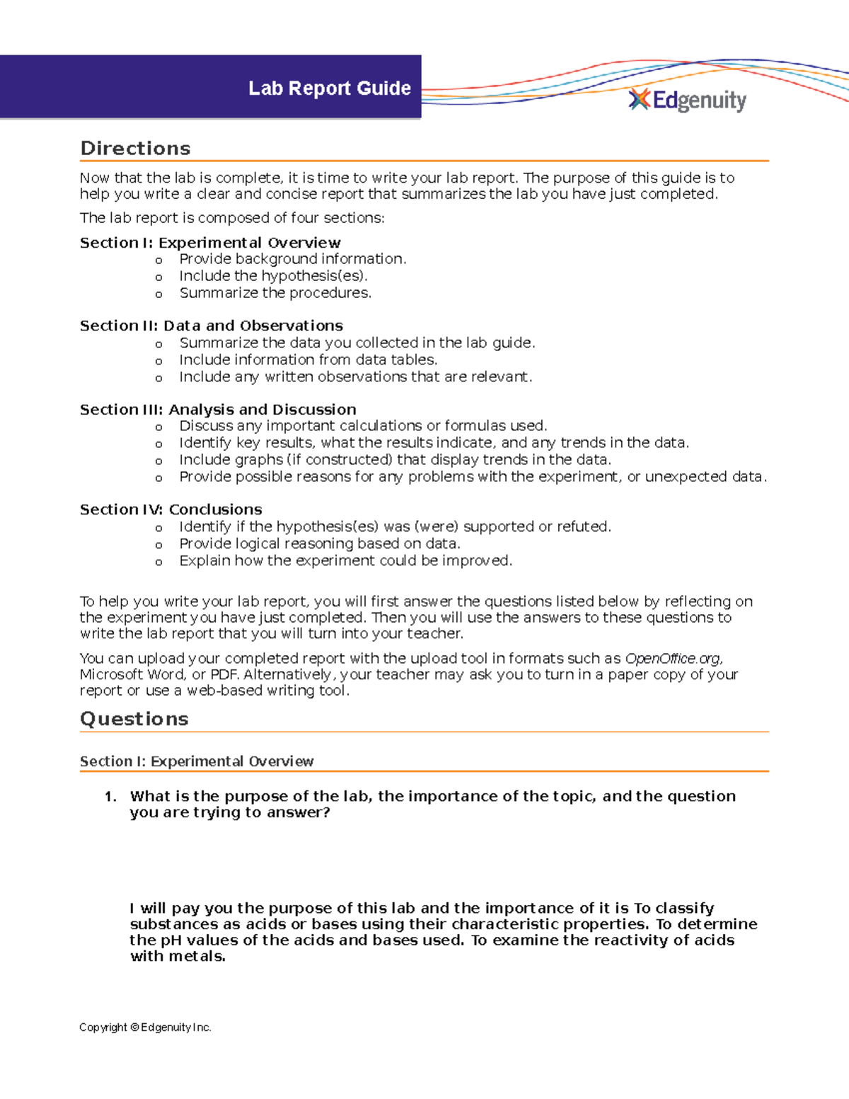 Lab Report Guide - not sure - Directions Now that the lab is complete ...
