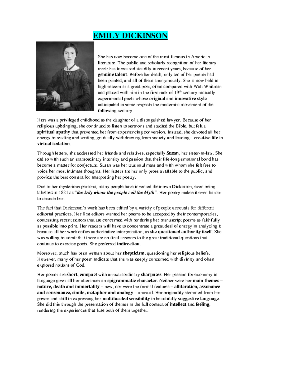 Emily Dickinson - Summary and exploratory questions related to the ...