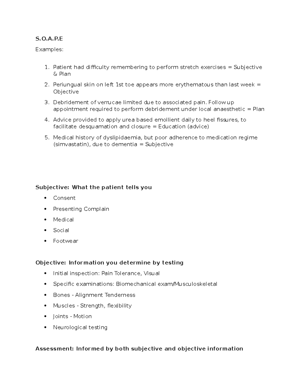 SOME POD Notes - Summary Introduction To Podiatry - S.O.A.P Examples: 1 ...