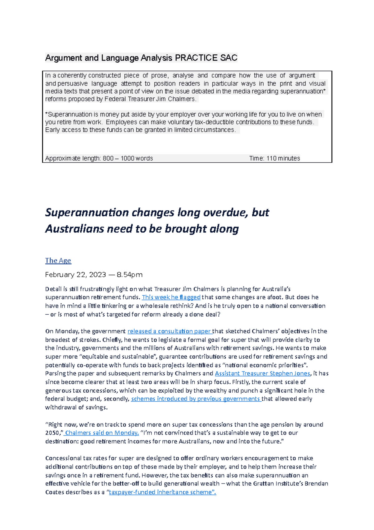 Superannuation issue practice SAC - Argument and Language Analysis PRACTICE SAC In a coherently ...