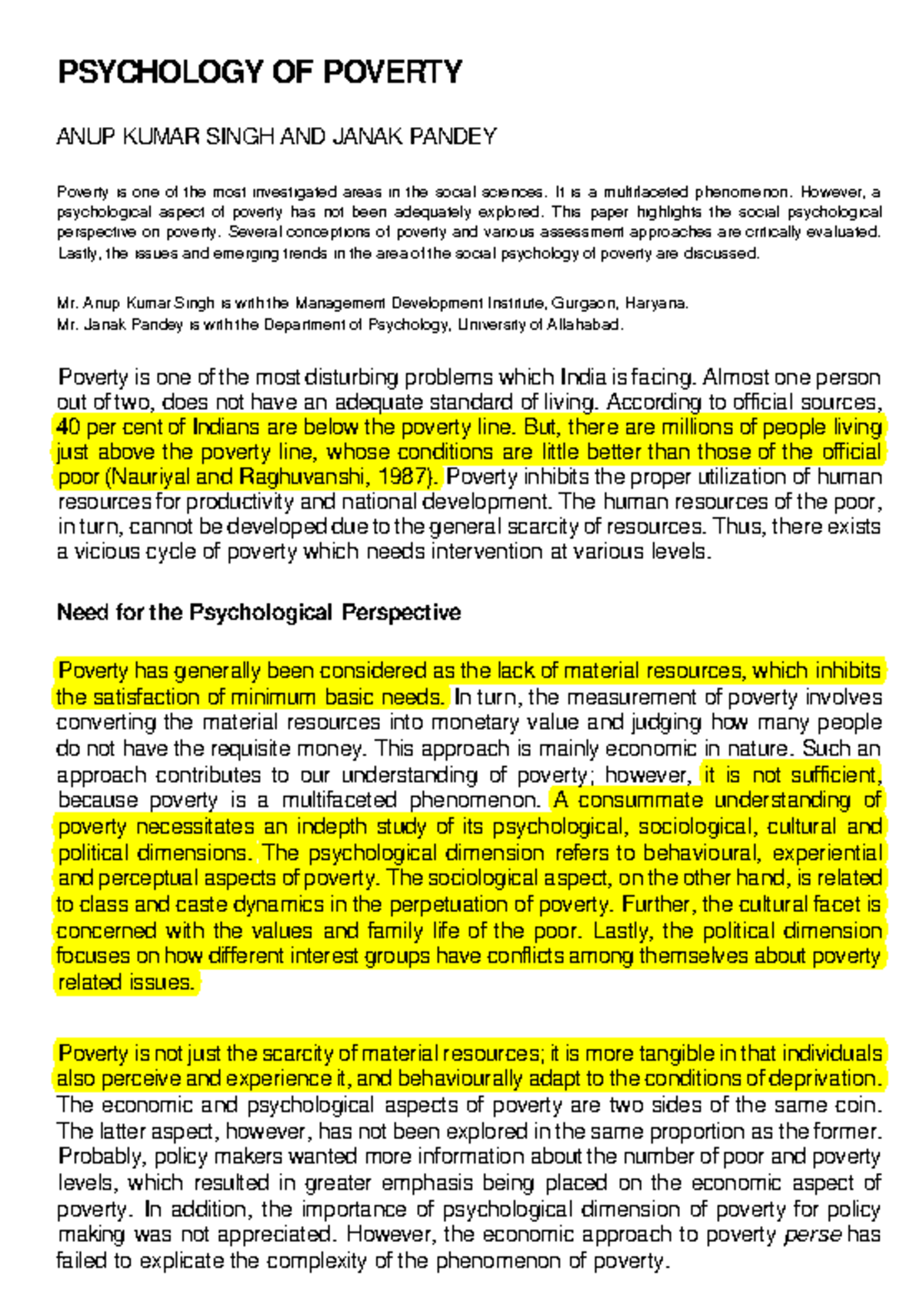 Poverty - PSYCHOLOGY OF POVERTY ANUP KUMAR SINGH AND JANAK PANDEY ...