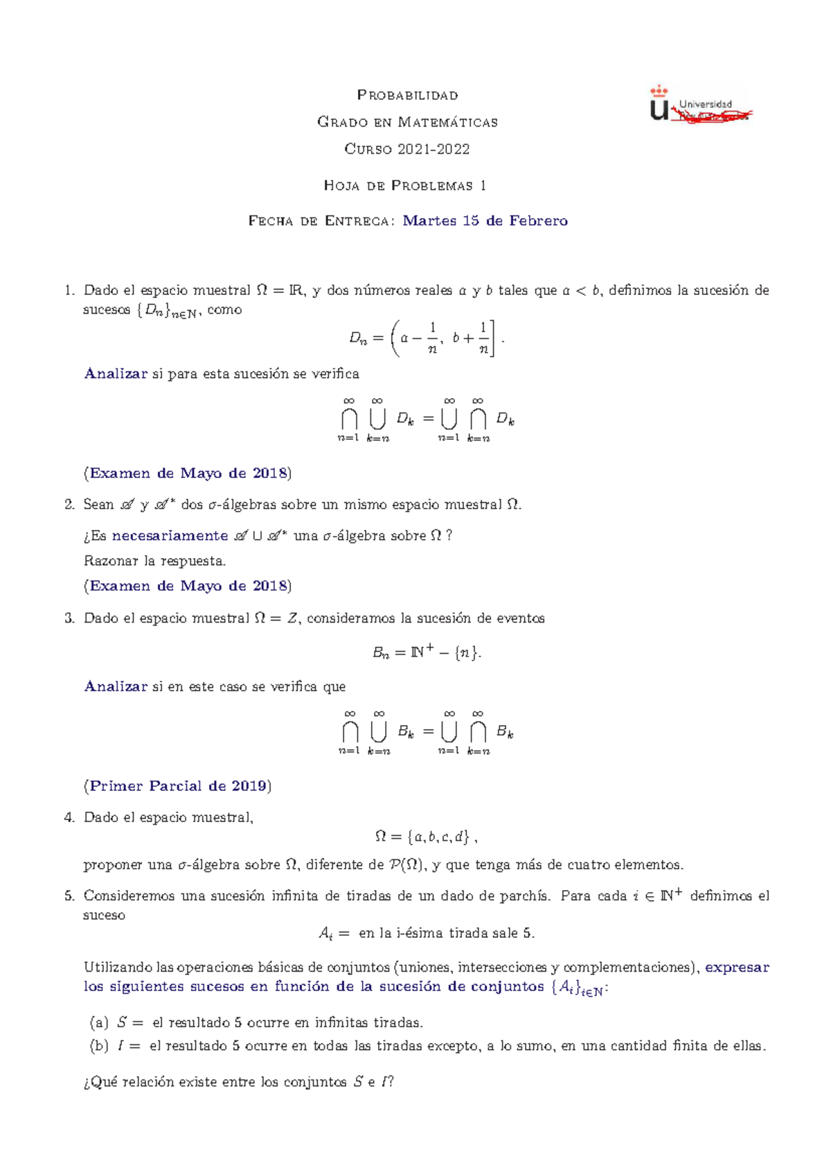 Hoja 1 MP 2022 - ejercicios - Probabilidad Grado en Matem ́aticas Curso 2021- Hoja de Problemas ...