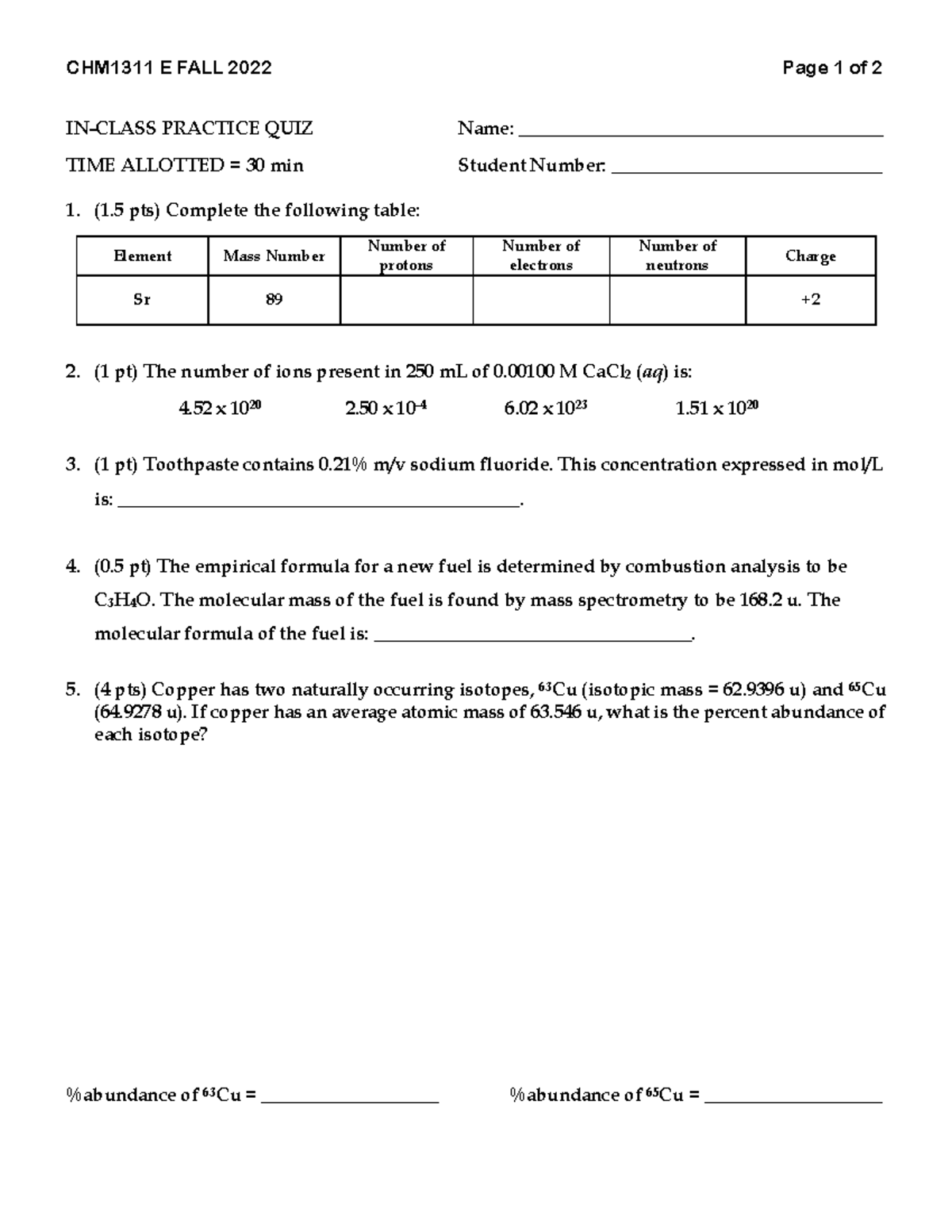 2022 Tests and Keys - practice questions - CHM1311 E FALL 2022 Page 1 ...