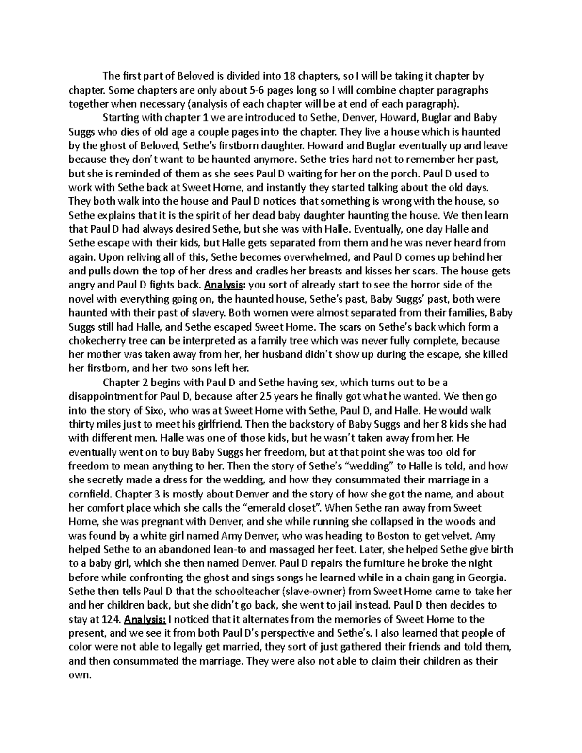 Week 5 RR (Beloved Part 1) - The first part of Beloved is divided into ...