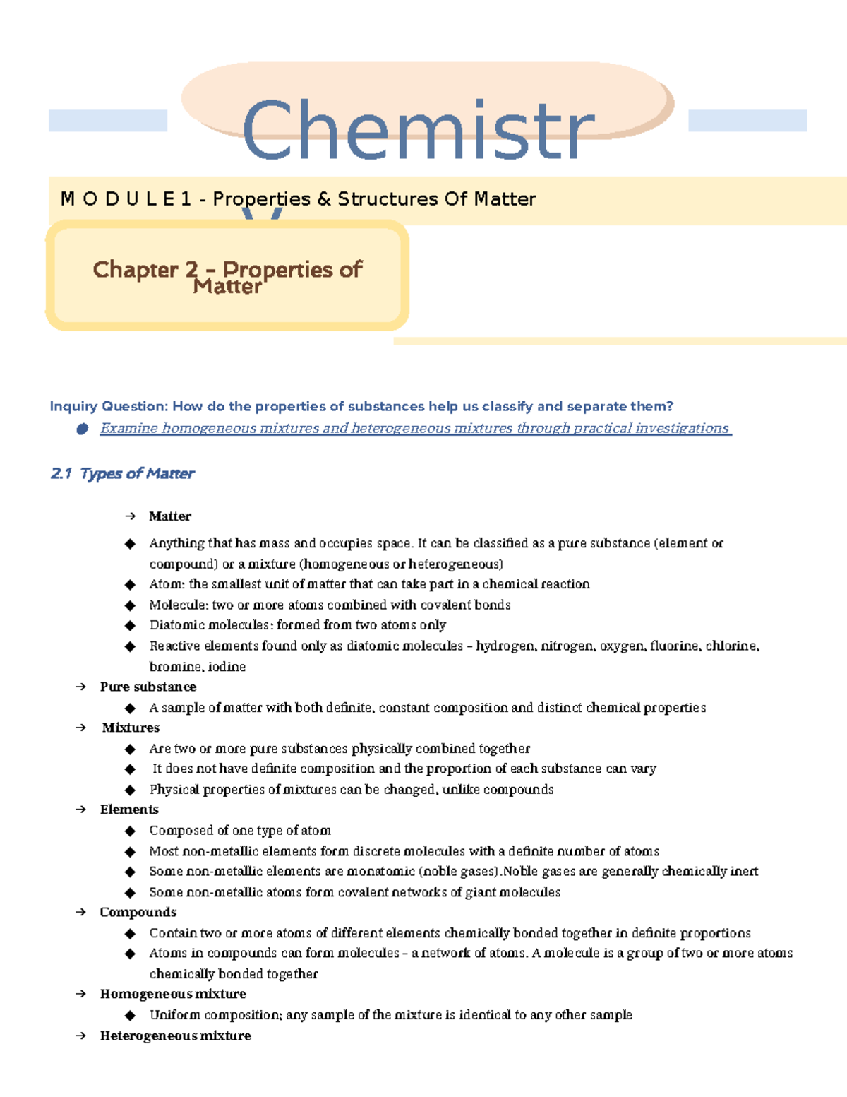 Chemistry Year 11 Notes - , Inquiry Question: How do the properties of ...
