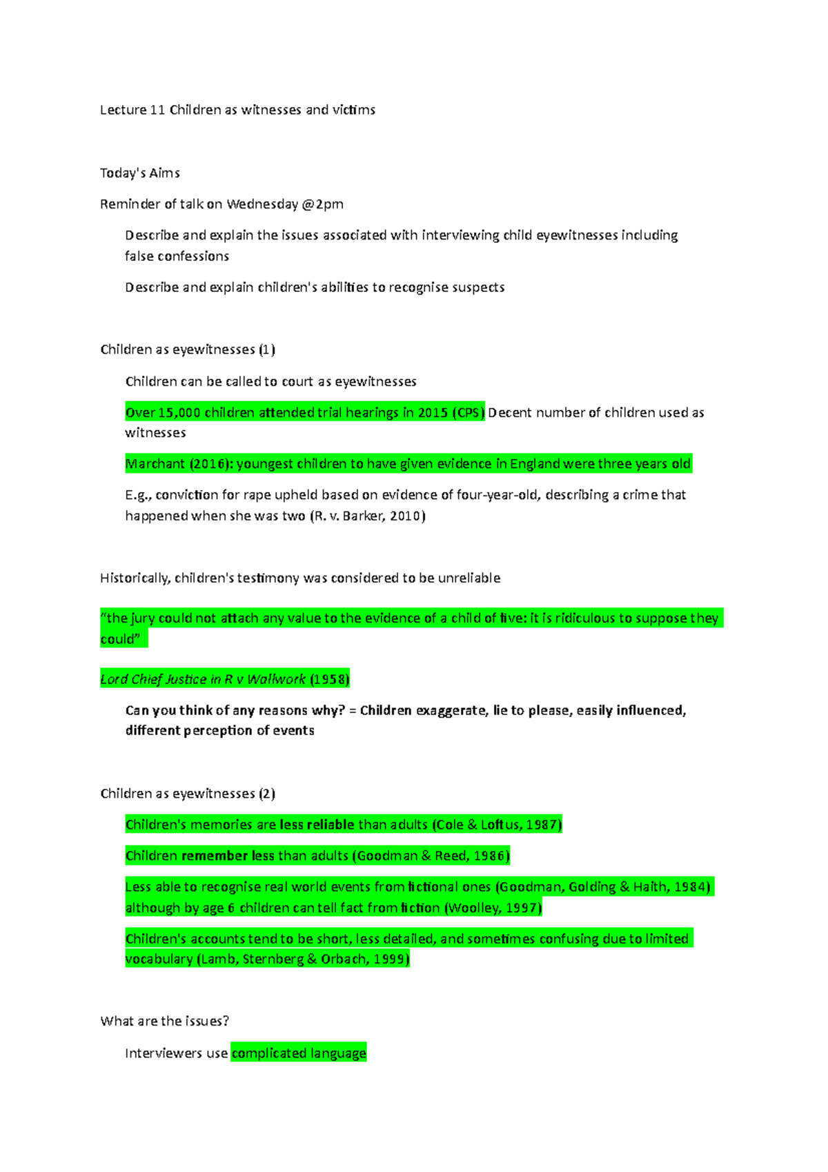 Lecture 11 Children as witnesses and victims - Lecture 11 Children as ...