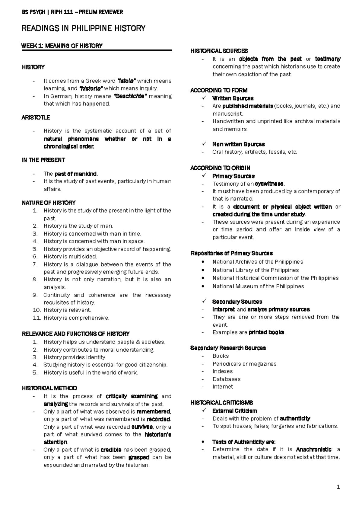 RIPH111- Prelim - RIPH reviewer - READINGS IN PHILIPPINE HISTORY WEEK 1: MEANING OF HISTORY ...
