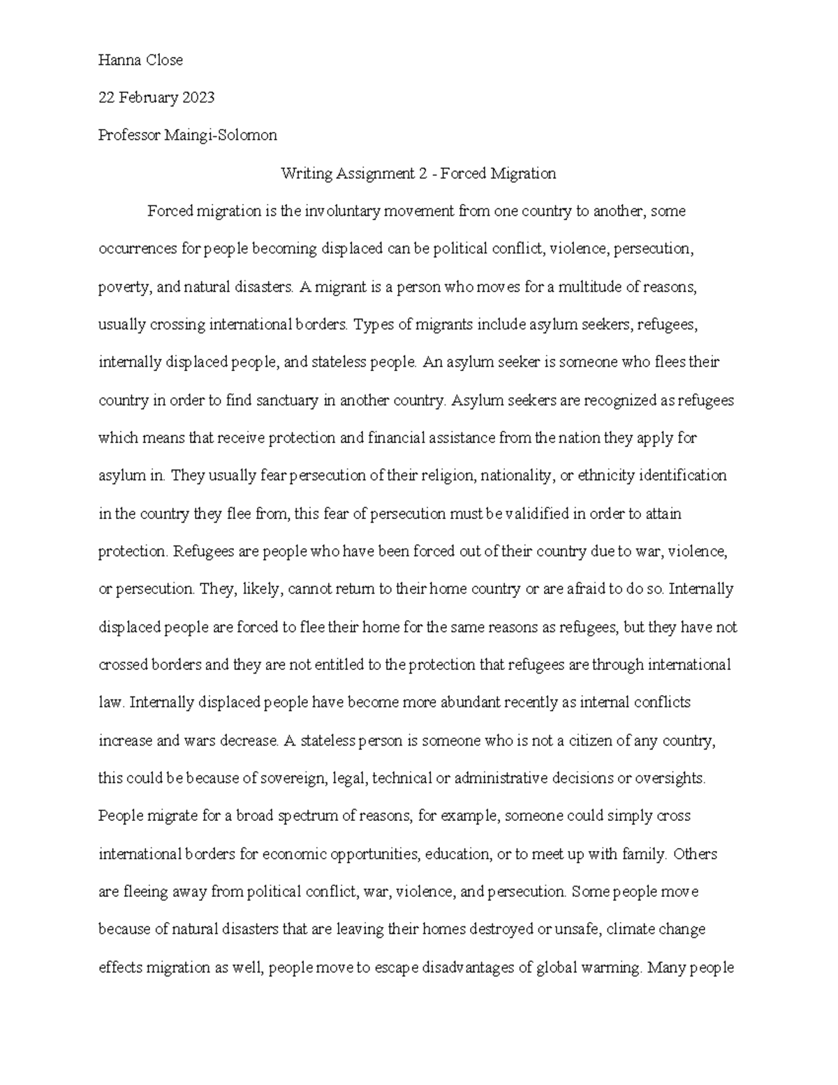 Writing Assignment 2 - Forced Migration - Hanna Close 22 February 2023 ...