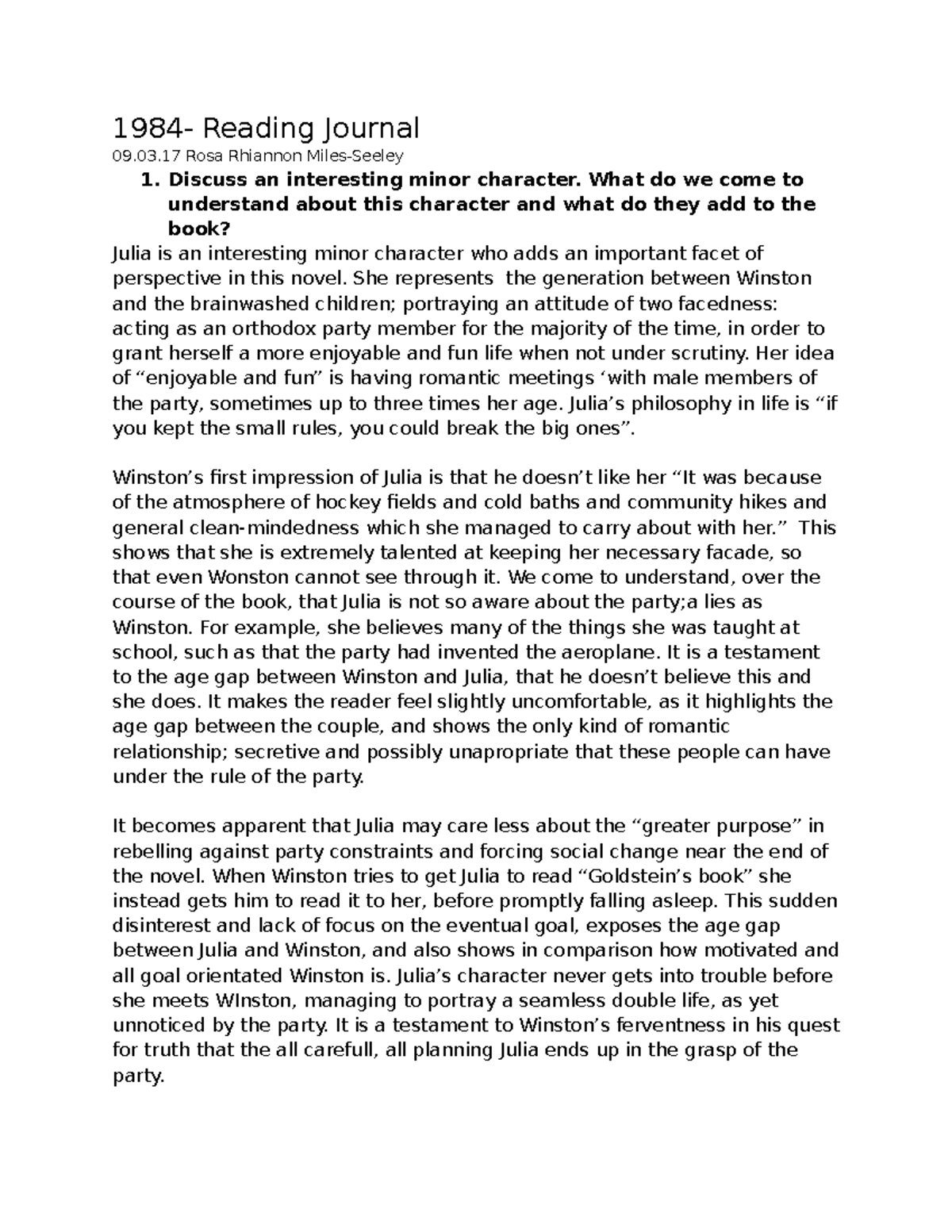1984- Reading Journal - Rosa Rhiannon Miles-Seeley 1. Discuss an ...