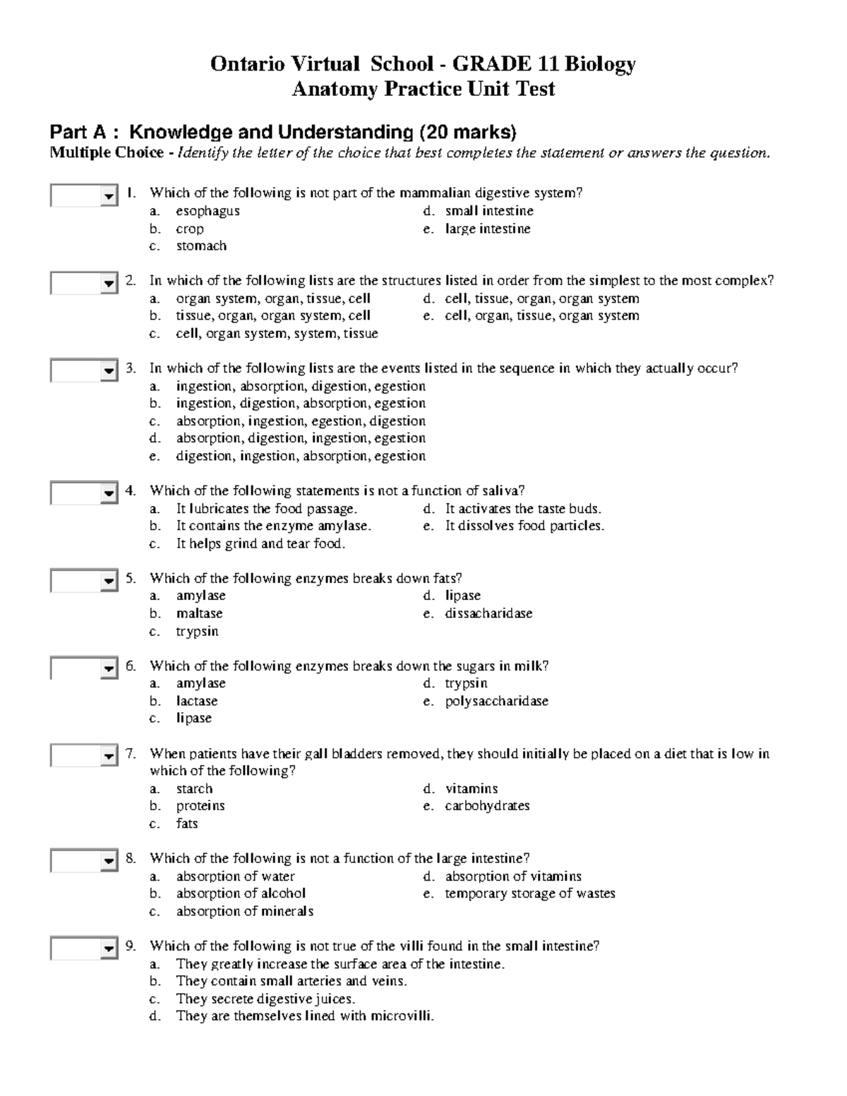 OVS Anatomy Unit Practice Test - Ontario Virtual School - GRADE 11 ...