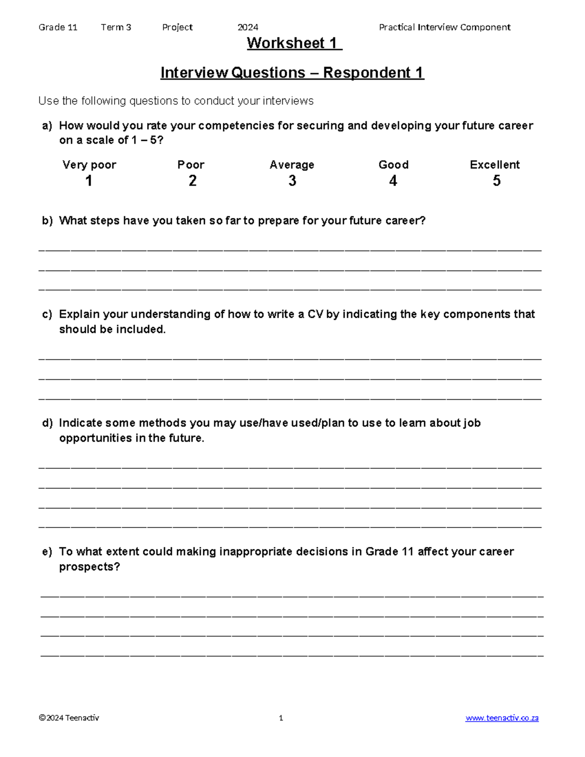 LO Grade 11 TERM 3 Project 2024 Practical Interview Component - Worksheet 1 Interview Questions ...