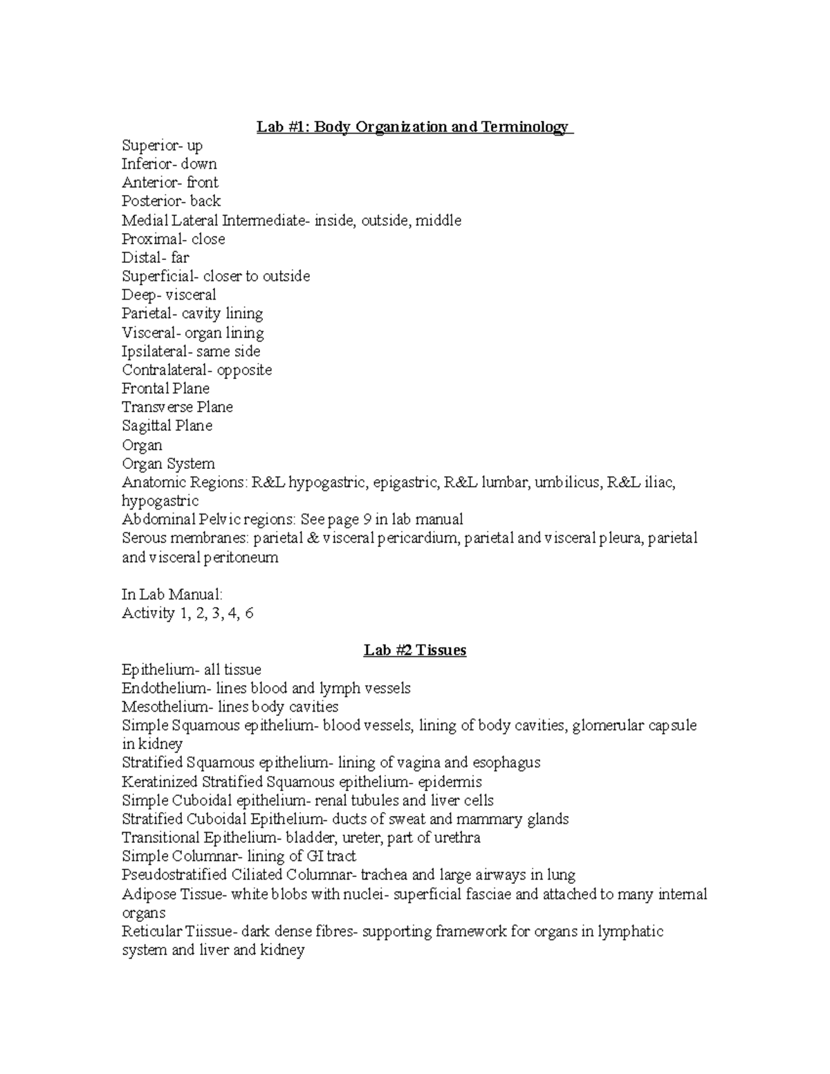 Antomy lab terms - Prof Morrell - Lab Body Organization and Terminology ...