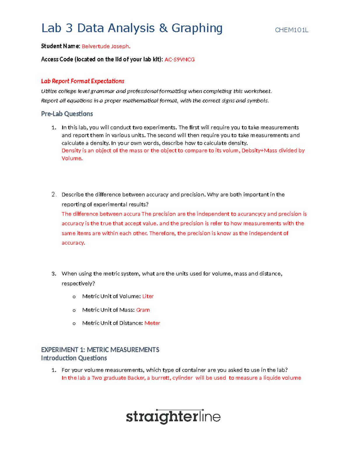 CHEM101L Lab 3 - Chemistry lab - Student Name: Belvertude Joseph ...