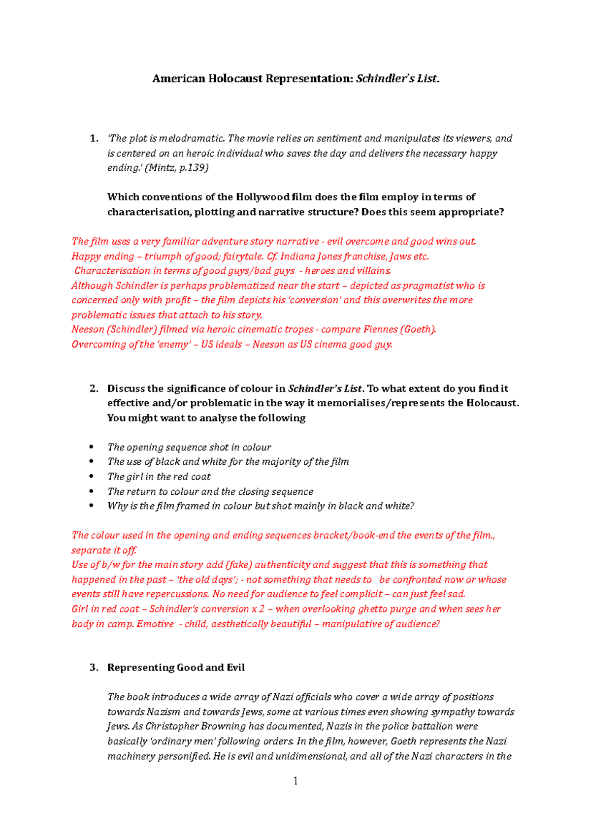 Schindlers List Worksheet with some suggested repsonses - American ...