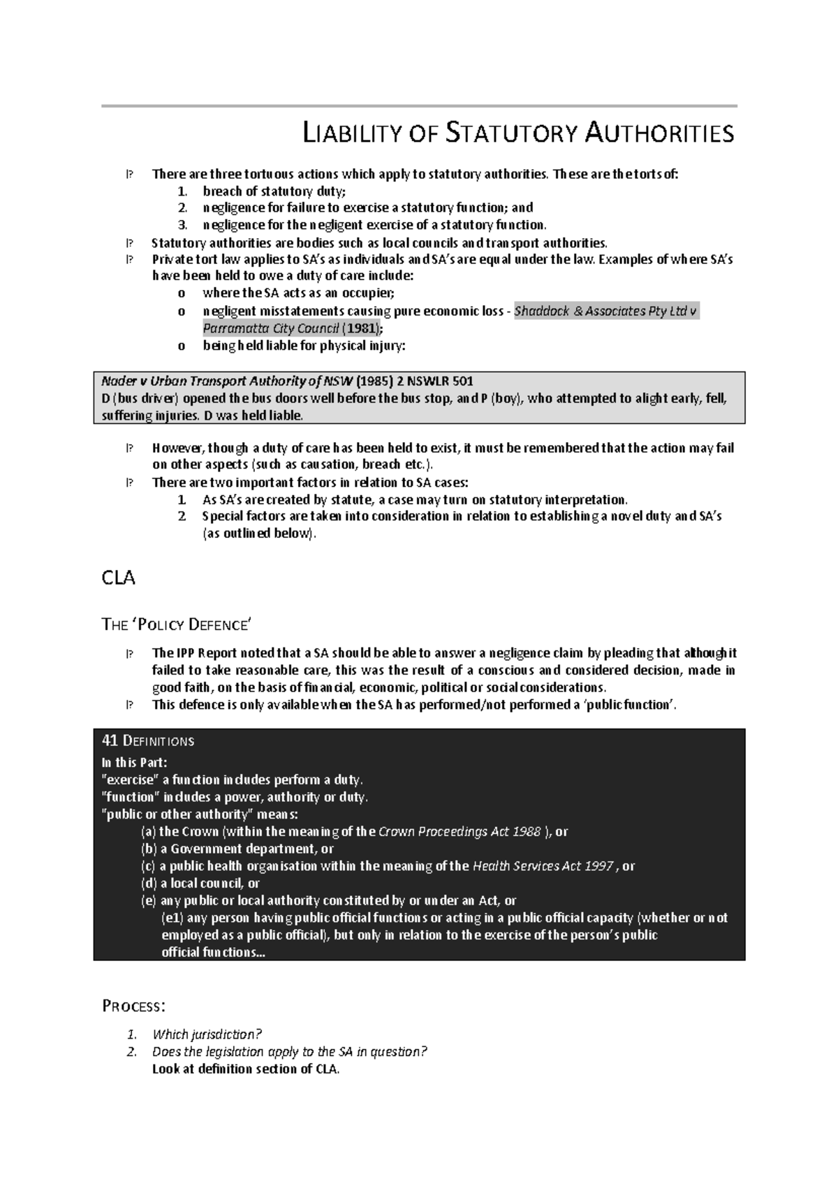 Tort Law Liability of Statutory Authorities - Nader v Urban Transport ...