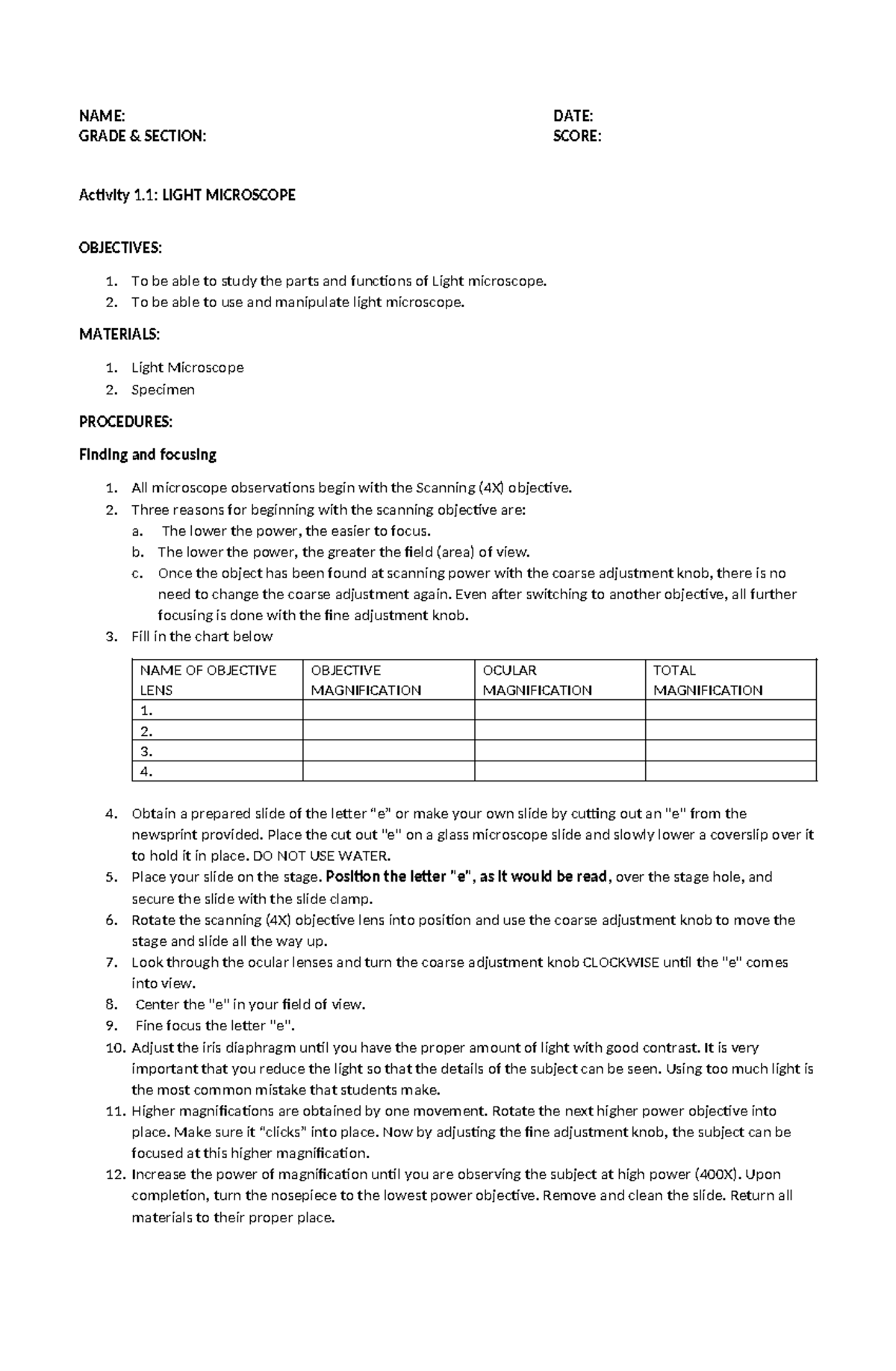 Light Microscope lab activity - NAME: DATE: GRADE & SECTION: SCORE: Activity 1: LIGHT MICROSCOPE ...
