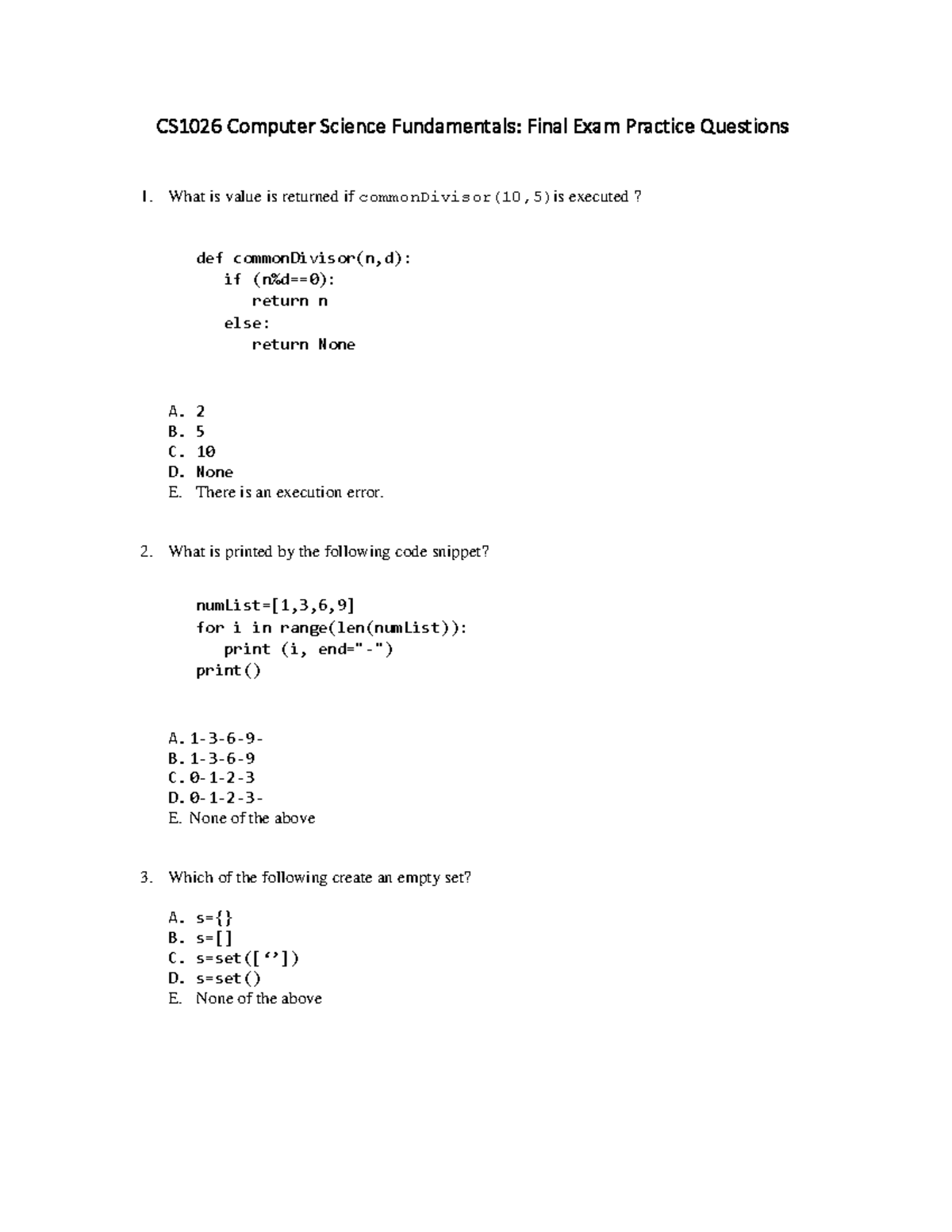CS 1026 Review Problems for Final - CS 1026 Computer Science Fundamentals: Final Exam Practice ...