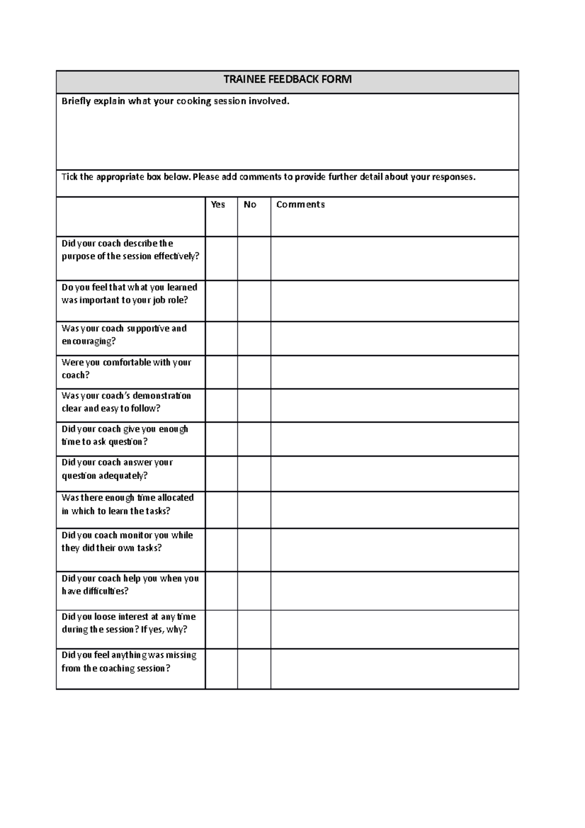 Trainee Feedback FORM - Very good illustration on the task. - TRAINEE ...