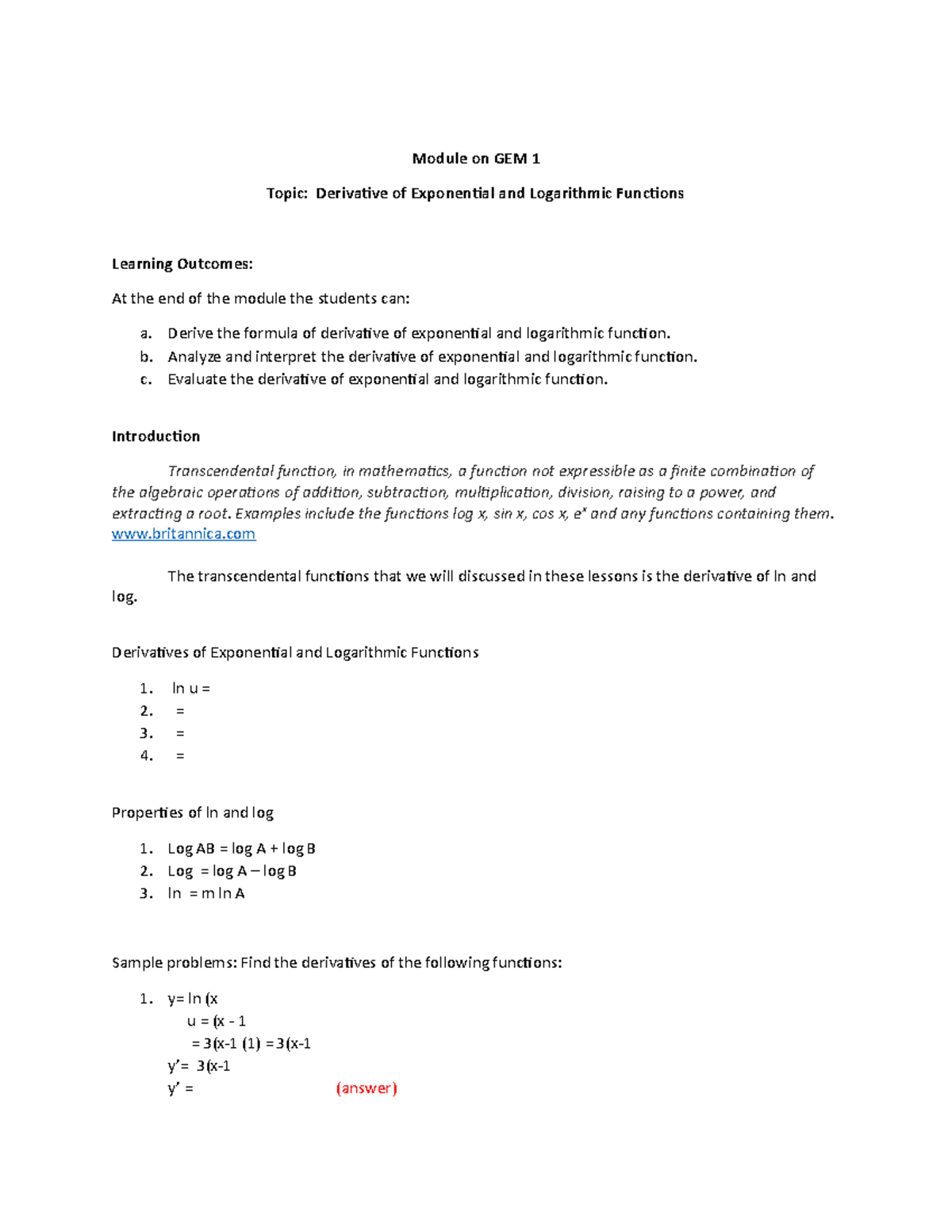 Module 9 On Gem 1derivative Of Exponential And Logarithmic Functions