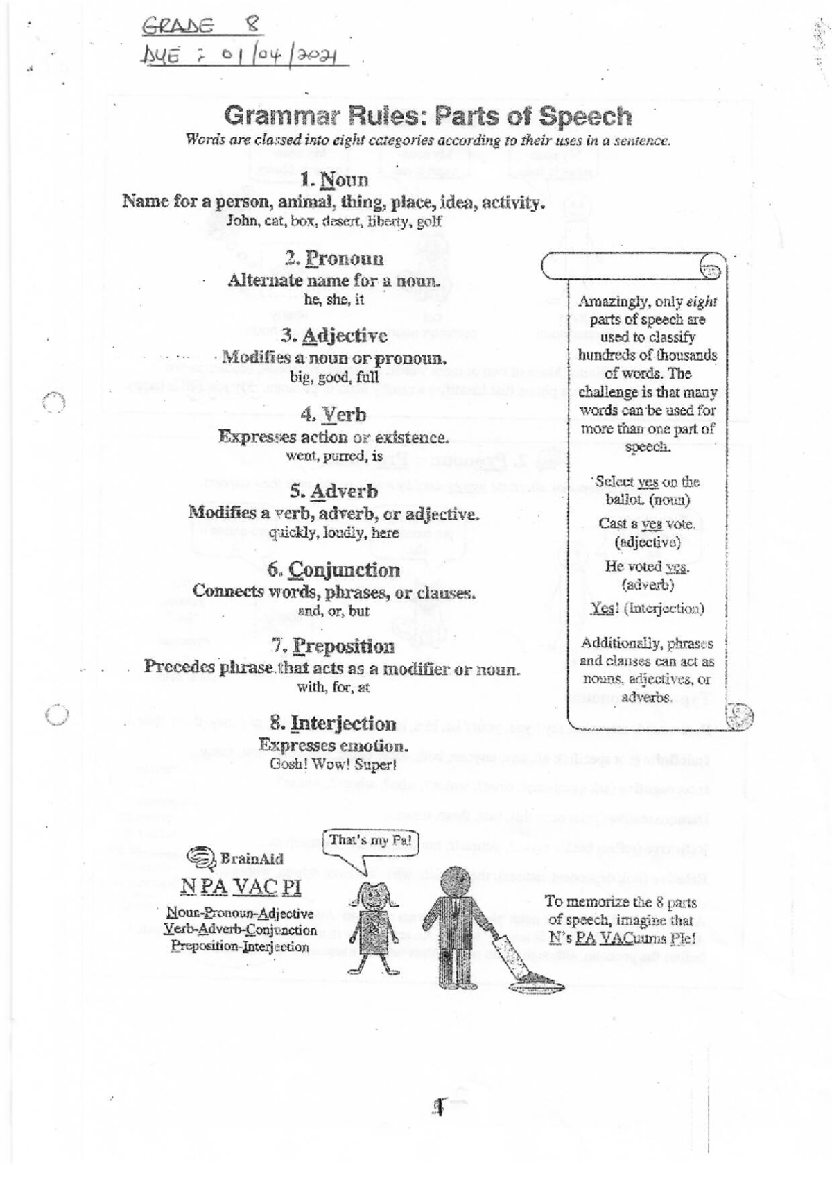 Grammar Rules Parts OF Speech - 1. Noun Name for a person, animal ...