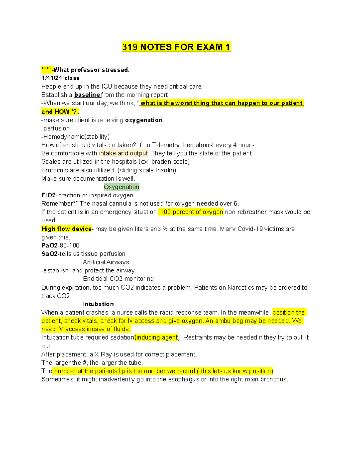 319 Notes - 319 NOTES FOR EXAM 1 **-What professor stressed. 1/11/21 ...