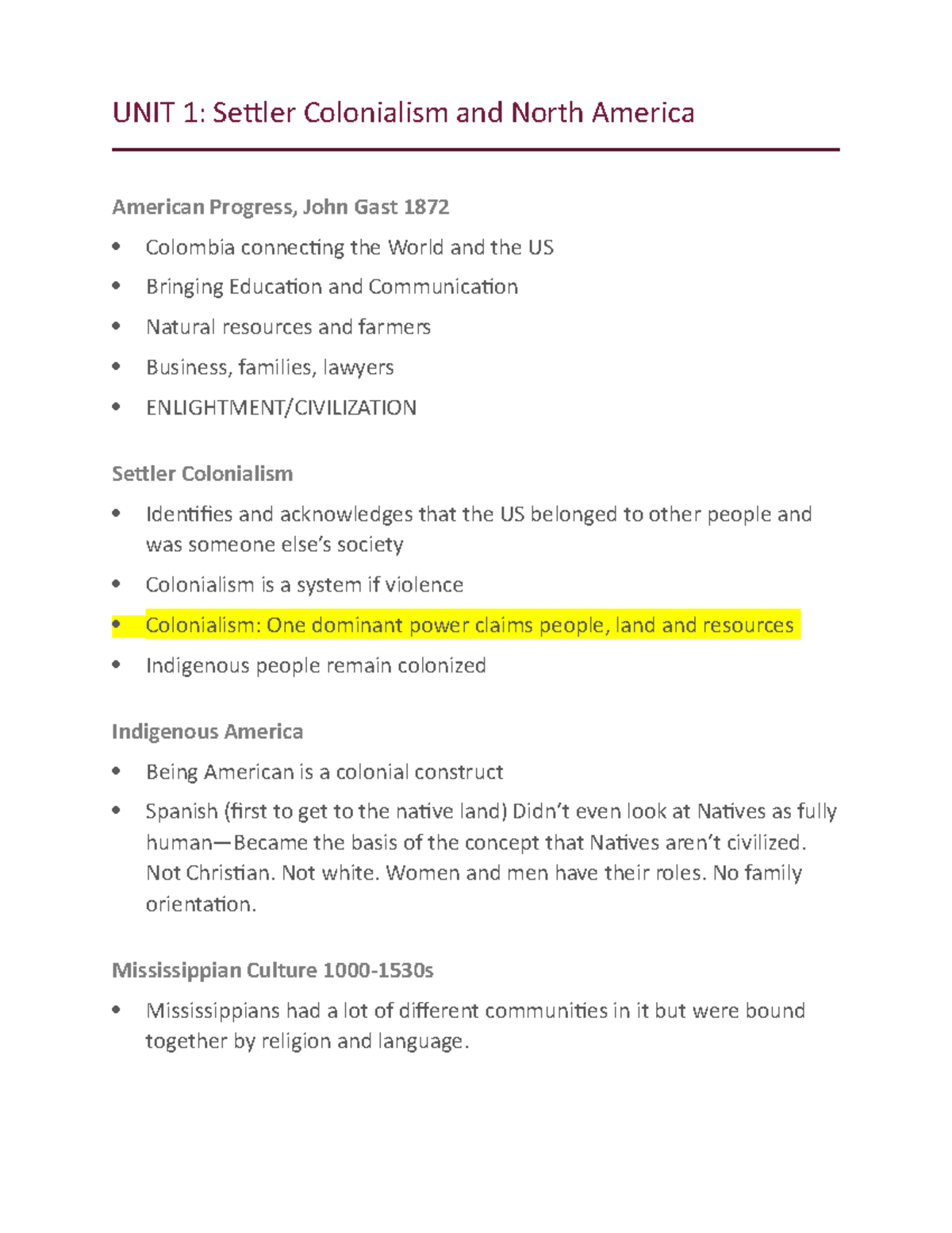 History UNIT 1 Lecture Notes - UNIT 1: Settler Colonialism and North ...