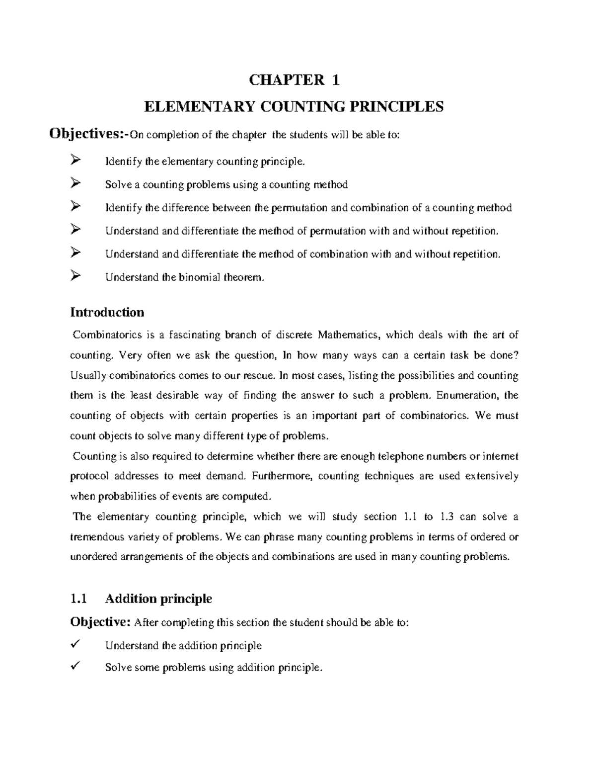 Counting techniqes-1-1 - CHAPTER 1 ELEMENTARY COUNTING PRINCIPLES Objectives:-On completion of ...