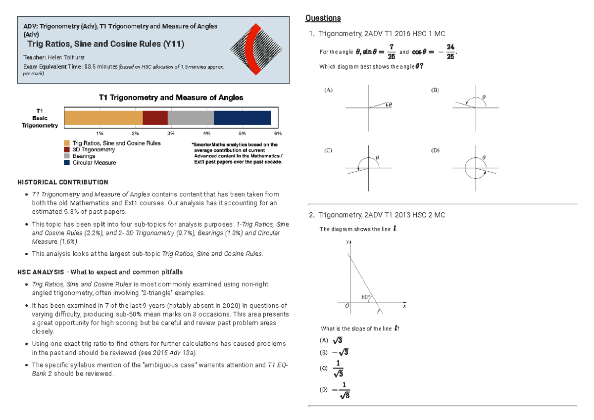 Trig Ratios, Sine and Cosine Rule - ADV: Trigonometry (Adv), T1 ...